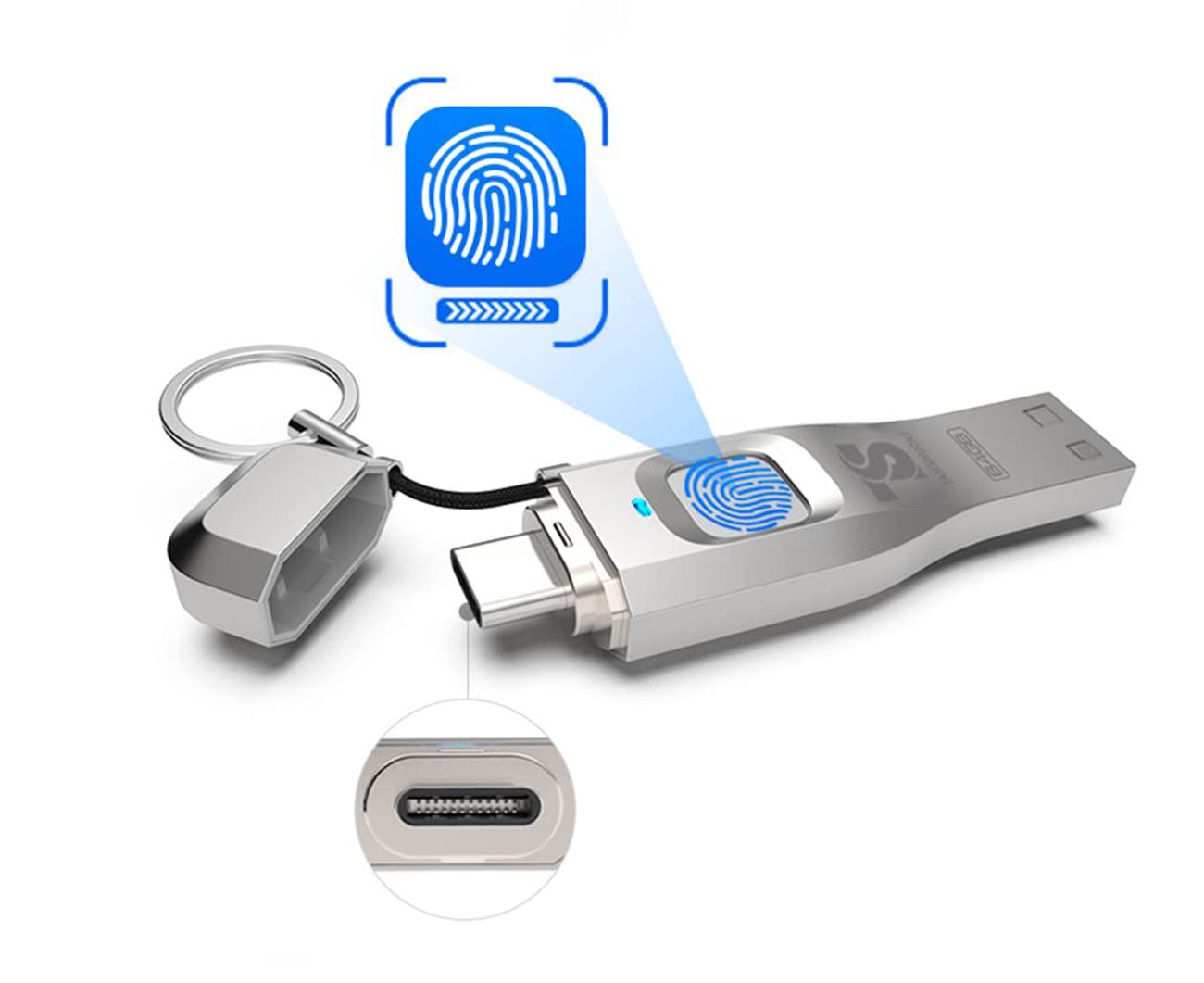 Fingerprint USB3.0 Flash Drive Encrypted 64G Memory Stick Pen Zip Drive Biometric Security Protection 2-in-1 Thumb Drive for PC Smartphone Laptop.