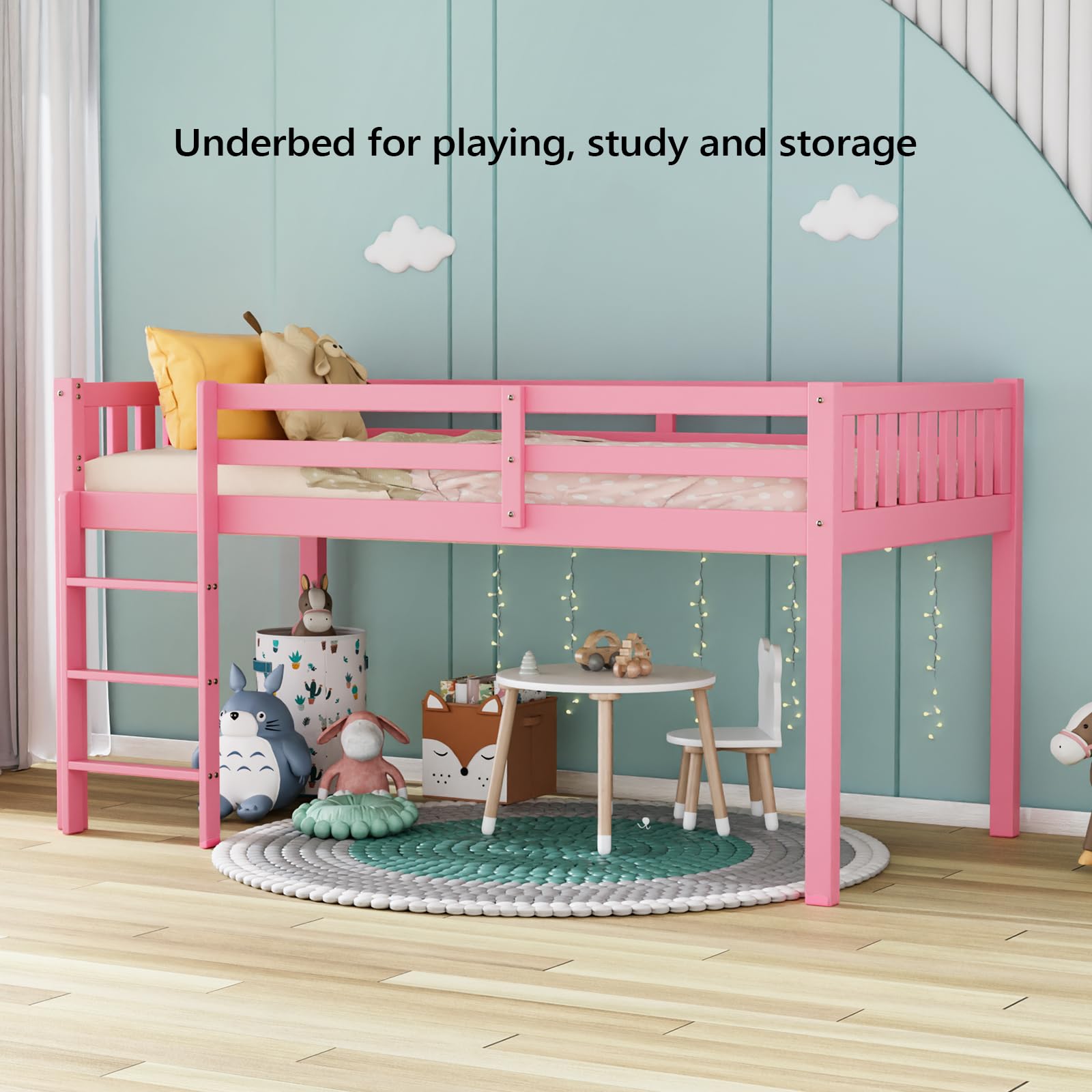 JOYMOR Low Loft Bed Twin Size with Stairs, Wooden Toddler Loft Bed for Kids, Junior,Young Teens,Pine Wood Twin Bed Frame, Space-Saving Design, No Box Spring Needed, Pink