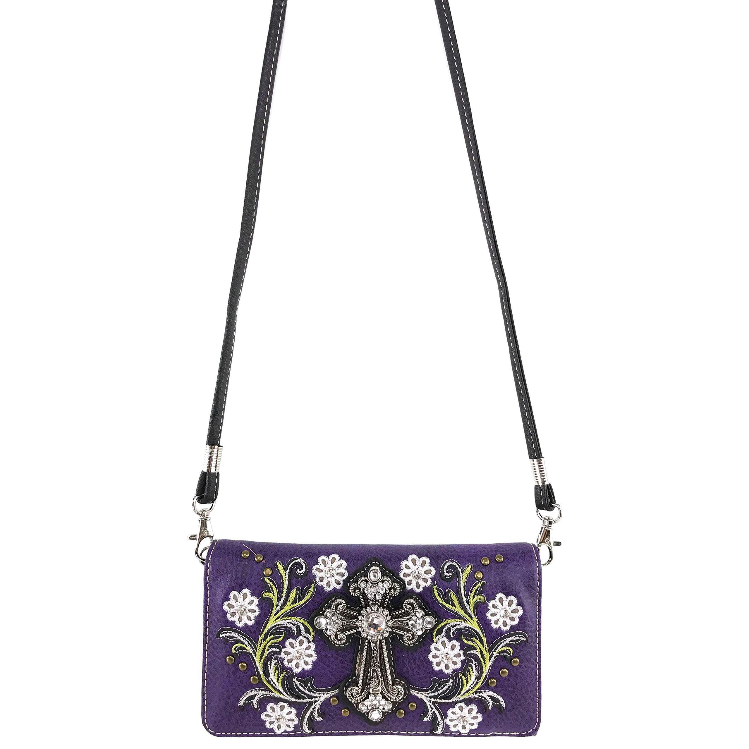Zelris Western Cross Daisy Flower Women Crossbody Wrist Trifold Wallet (Purple Violet)