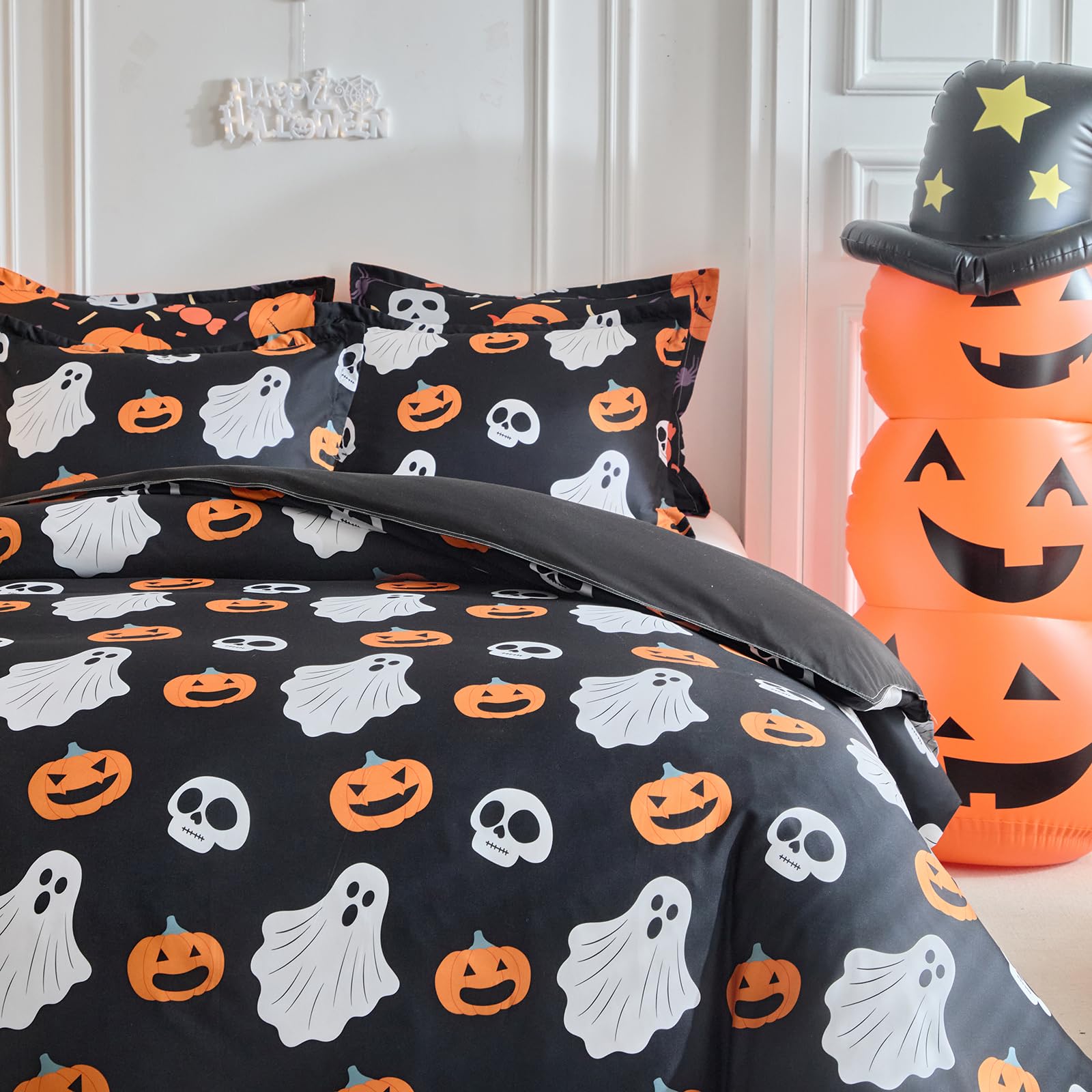 Joyreap 3pcs Halloween Duvet Cover Set, Pumpkin Ghost Black Design, Soft Microfiber Comforter Cover for All Season (Queen, 88x88 inches)
