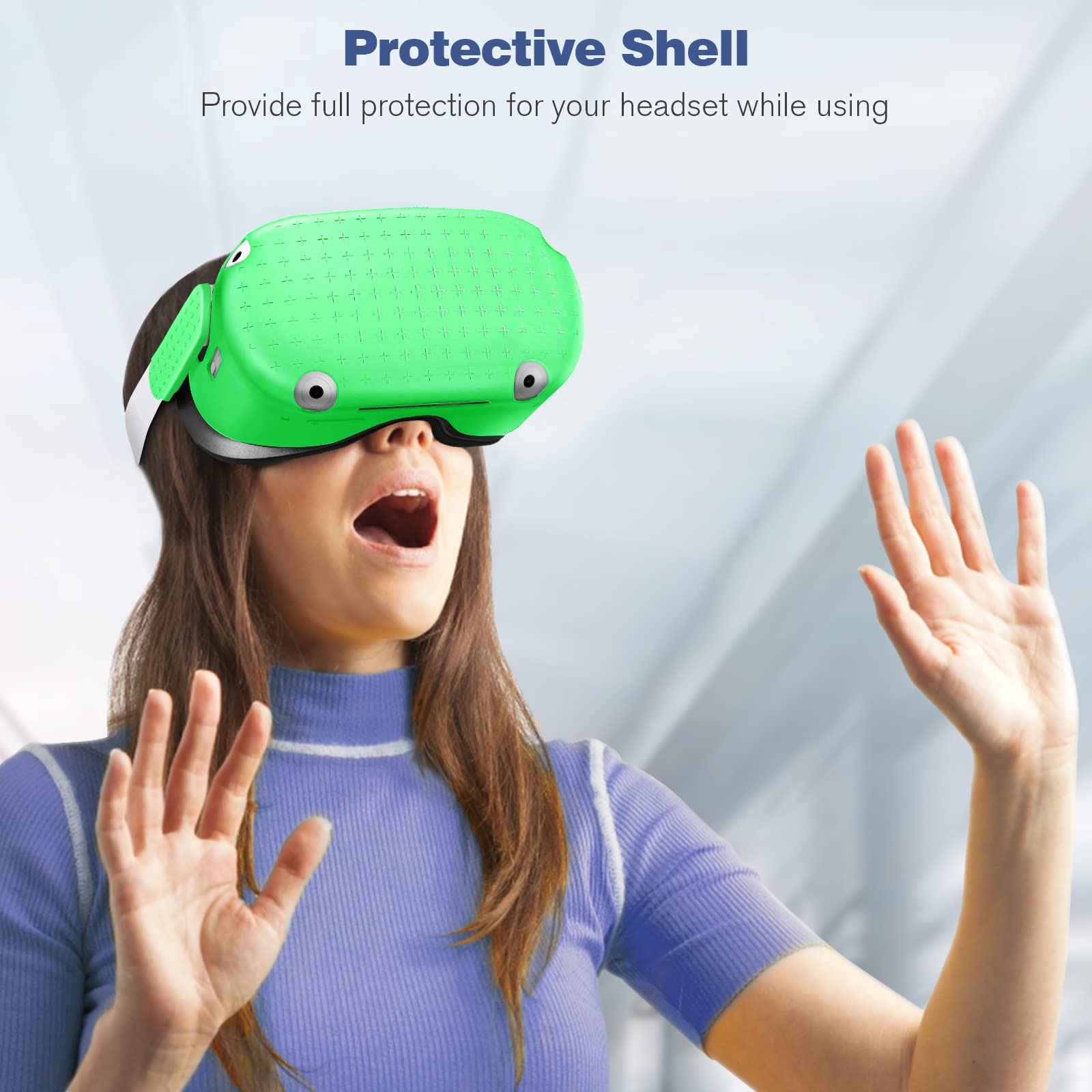 FINPAC VR Headset Protective Shell with Side Cover for Quest 2, Silicone Shock-Resistant and Scratchproof VR Headset Front Sleeve Cover (Green-Glow in The Dark)