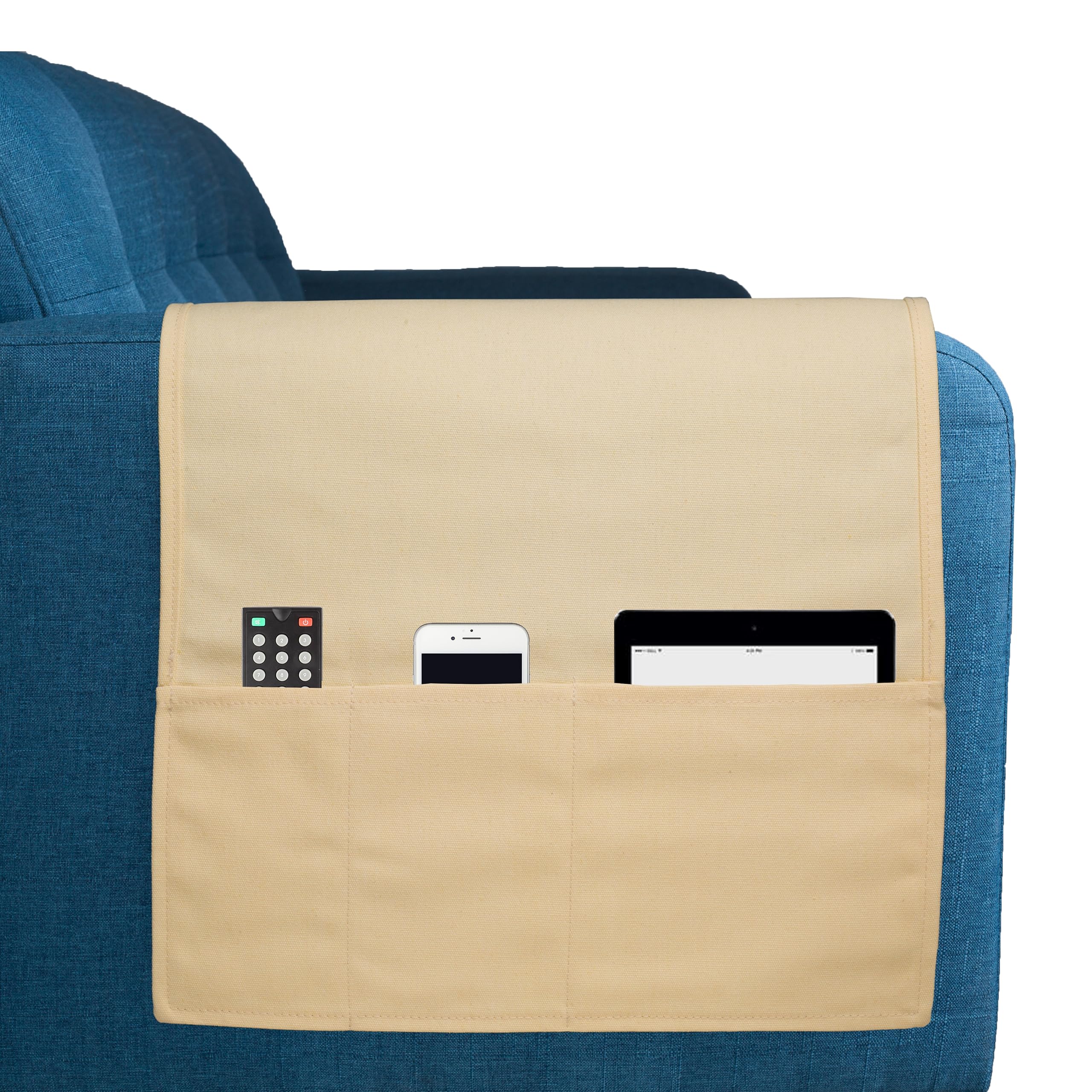 Edinnoda Sofa Armrest Organizer, Remote Control Holder for Recliner Couch Sofa, Arm Chair Caddy with 3 Pockets for Magazine, Glasses, Tablet, Cell Phone (upgraded version) (Brown, 15.6" * 33")