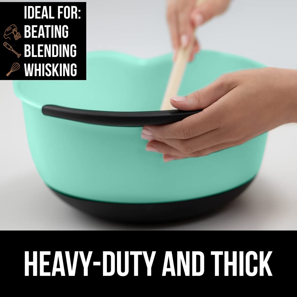 Gorilla Grip Mixing Bowls Set of 3, Slip Resistant Rubber Bottom, Nesting Baking Bowl, Soft Wide Handle, Easy Pour Spout, Electric Mixer and Dishwasher Safe, Kitchen Essentials, 5, 3 and 1.5 QT, Mint