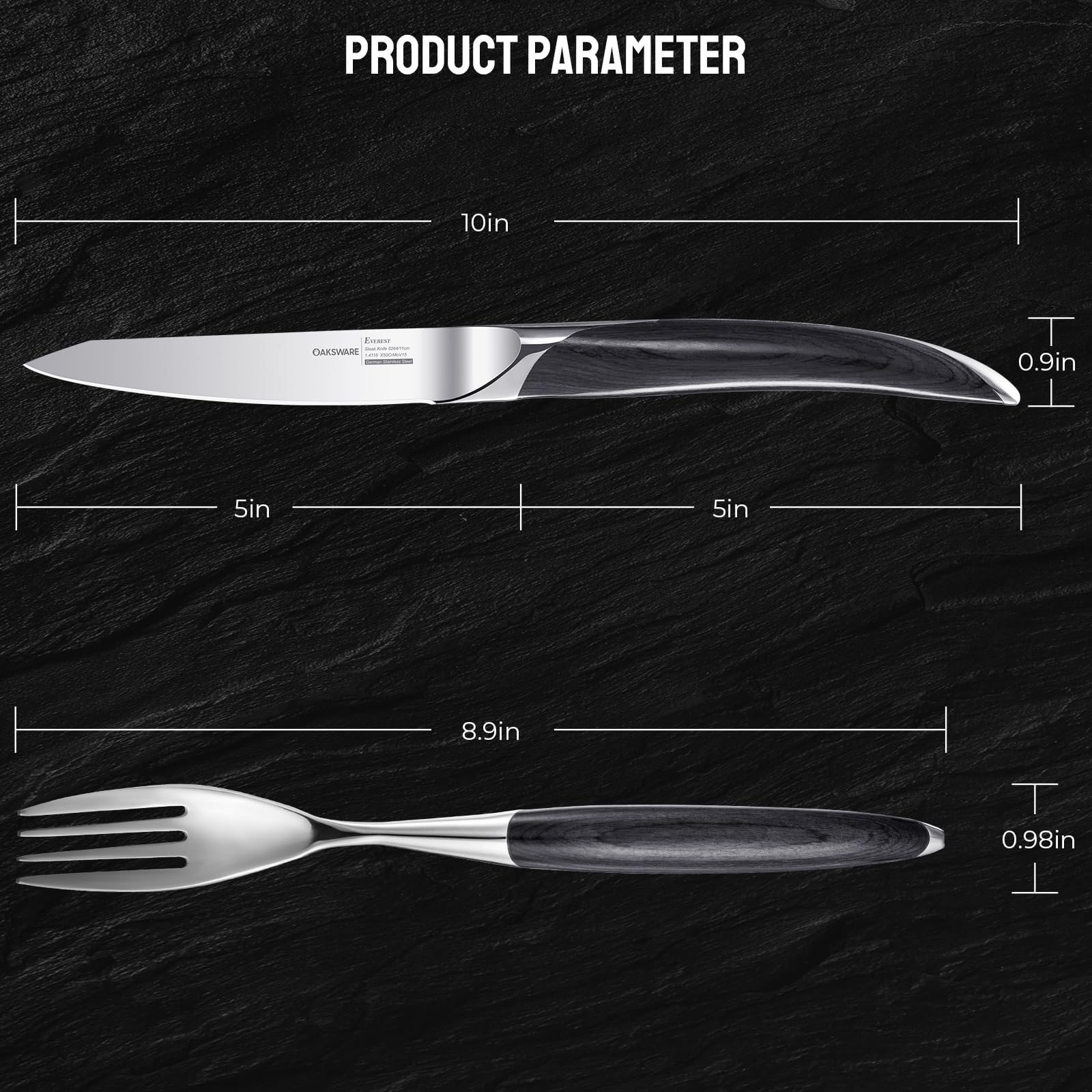 OAKSWARE Steak Knives and Dinner Forks Set of 8, German Stainless Steel Tableware, Flatware Cutlery Set for Kitchen, Mirror Polished, Full-Tang Wooden Handle, Rust Resistant & Easy to Maintain, Black