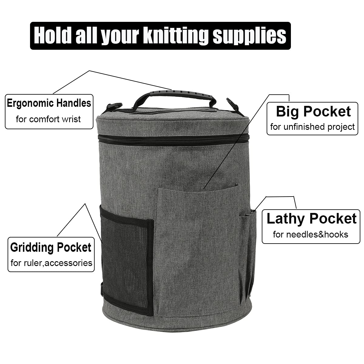 Weabetfu Large Capacity Portable Yarn Organizer Knitting Tote Storage Bag with Shoulder Strap Yarn Bags Have Pocket for Crochet Hooks,Knitting Needles & Accessories,Prevent Yarn Tangle(Grey)