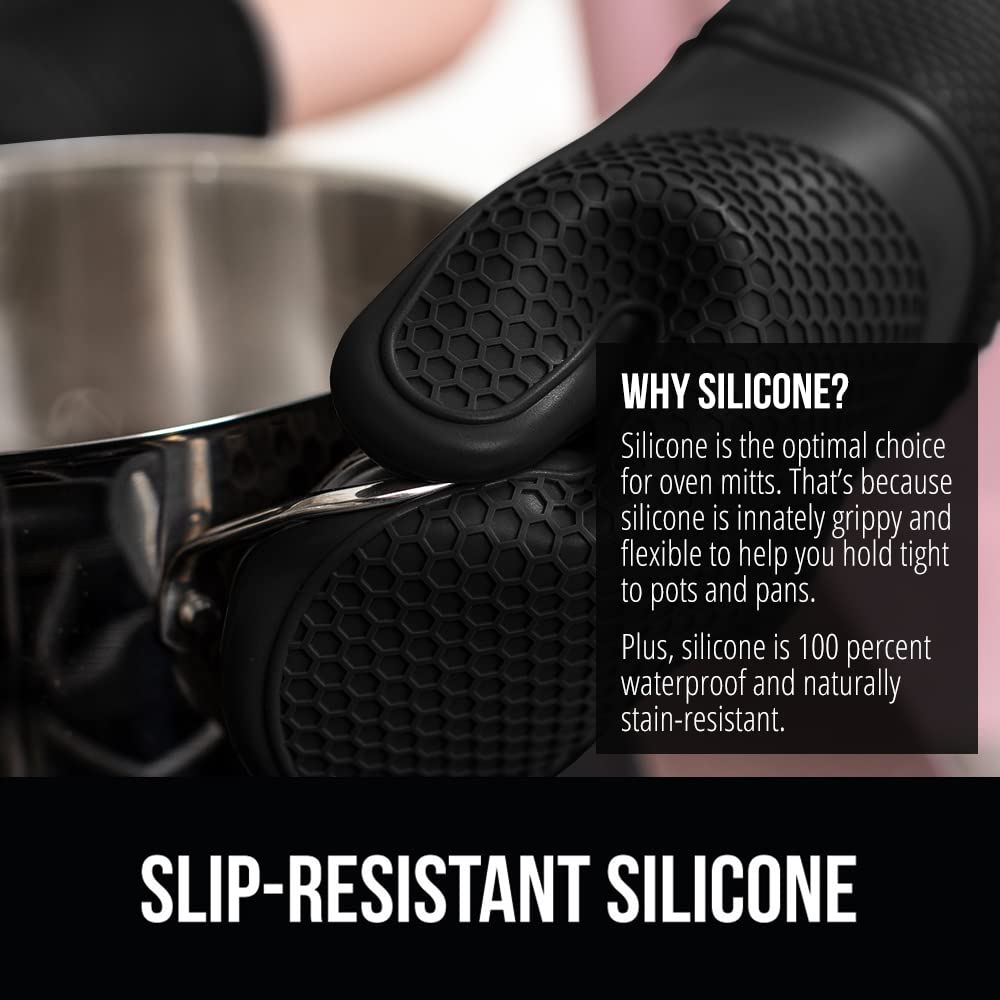Gorilla Grip Silicone Oven Mitts Set of 2 and Silicone Baking Mats Set of 2, Silicone Oven Mitts are 14.5 Inch, Quarter Sheet Silicone Baking Mats, Both in Black Color, 2 Item Bundle