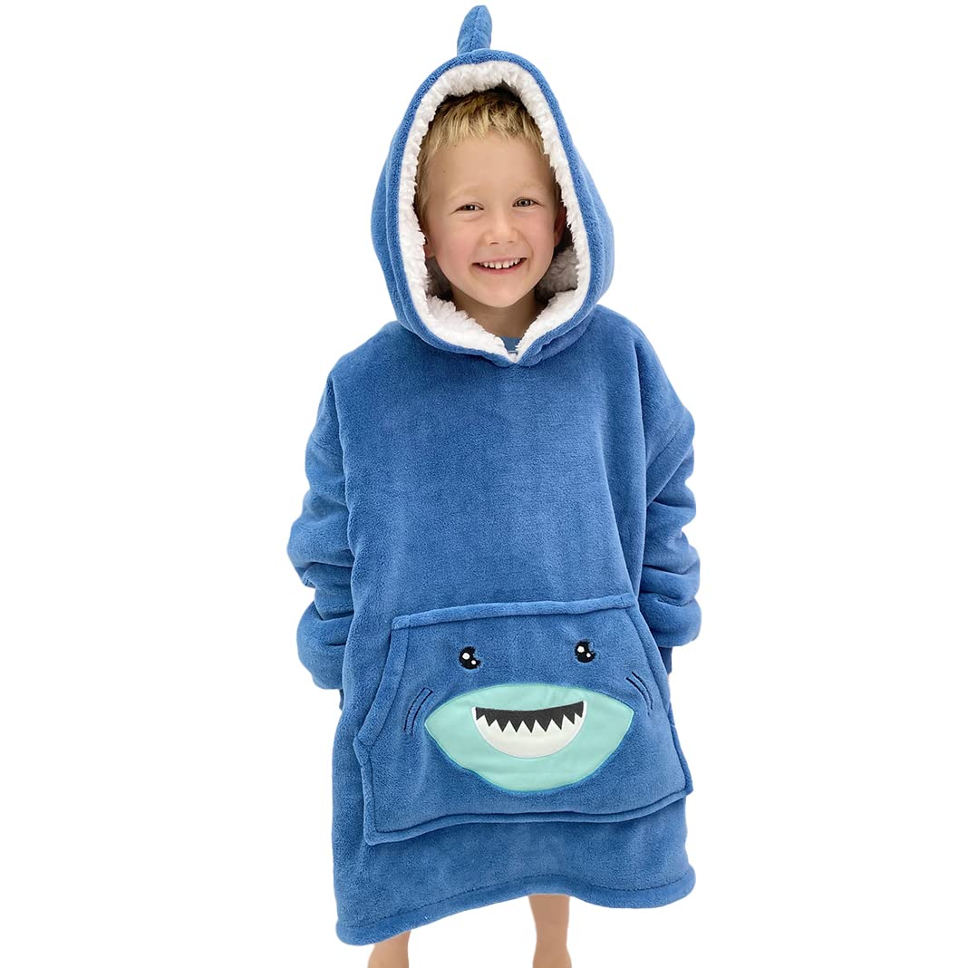 Wearable Blanket Kids 3-10yr, Fun Animal Kids Blanket Hoodie, Kids Comfy Hoodie Blanket, Kids Hooded Blanket Girl Boy Toddler (Blue Shark Hoodie)