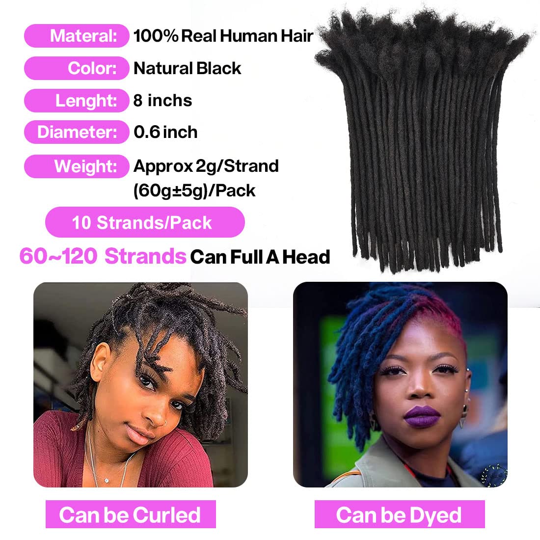 Dula 6-24 Inch Dreadlock Extensions Loc Extensions Human Hair for Men/Women 10 Strands 100% Real Human Hair Permanent Dreadlock Extensions (10 Locs-8 Inch, 0.6cm-1B Natural Black)