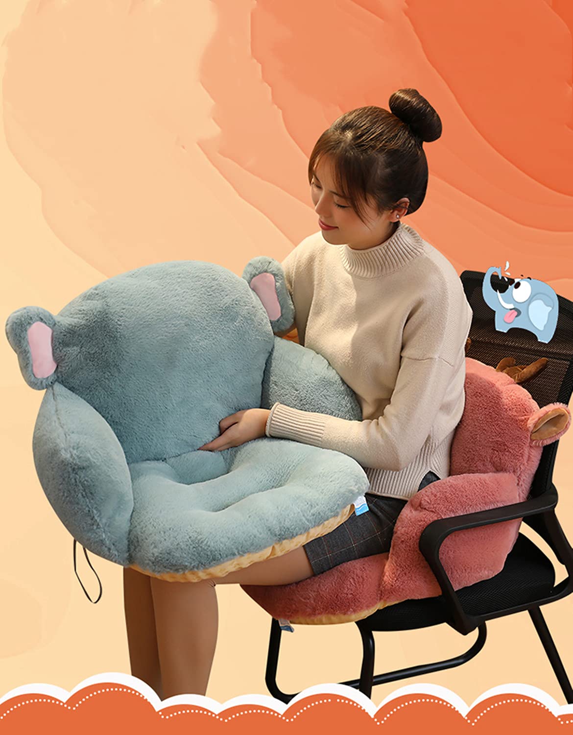 Fxaelian Seat Cushion Chair Pads Waist Pillow Back Cushion Décor Cute Cartoon Plush Thickened for Chair Car Home Office Patio Elephant