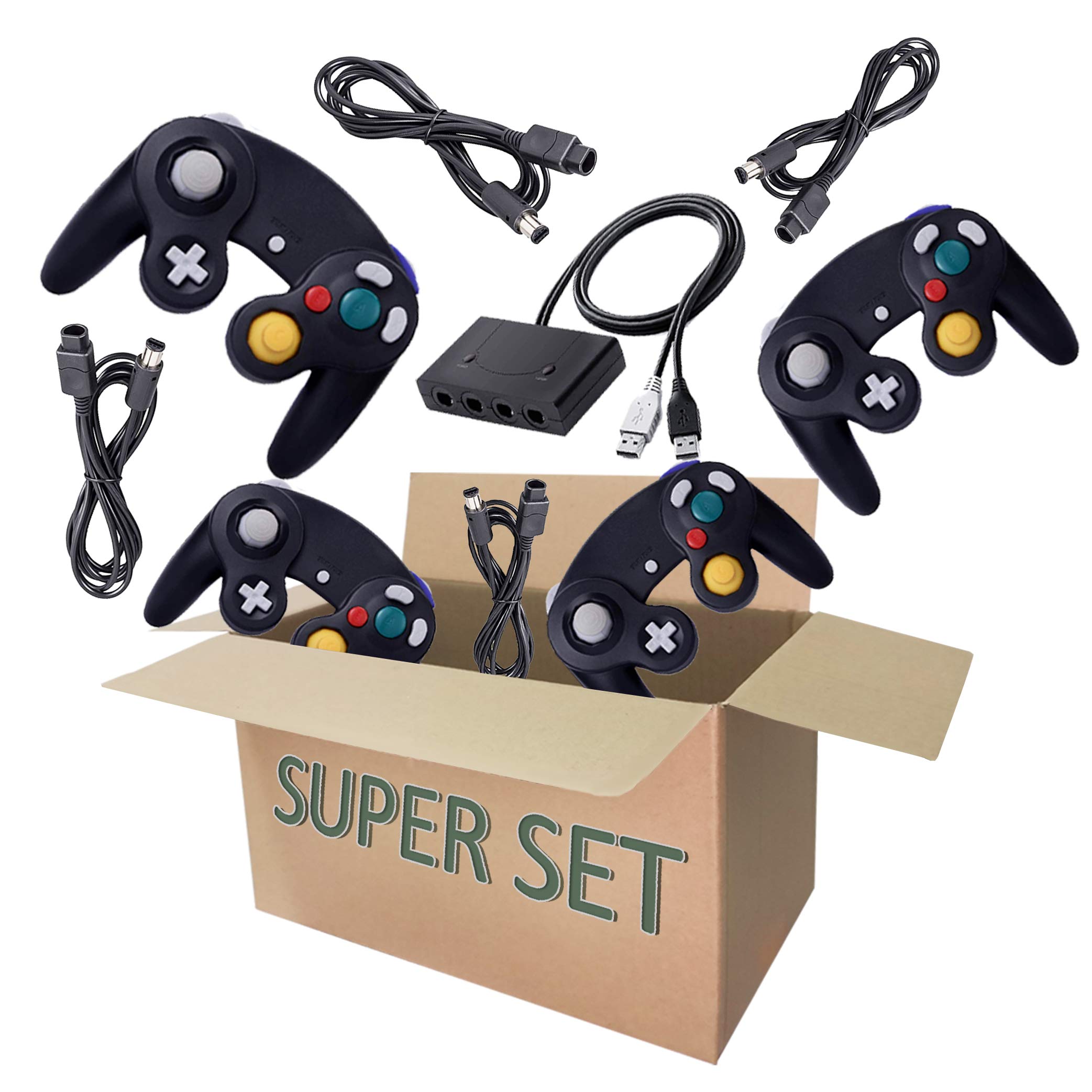 Edorco 4 Pack Gamecube Controller Bundle with 4 Extension Cords and a 4-Port Adapter for Nintendo Wii U/Switch/PC(Black)