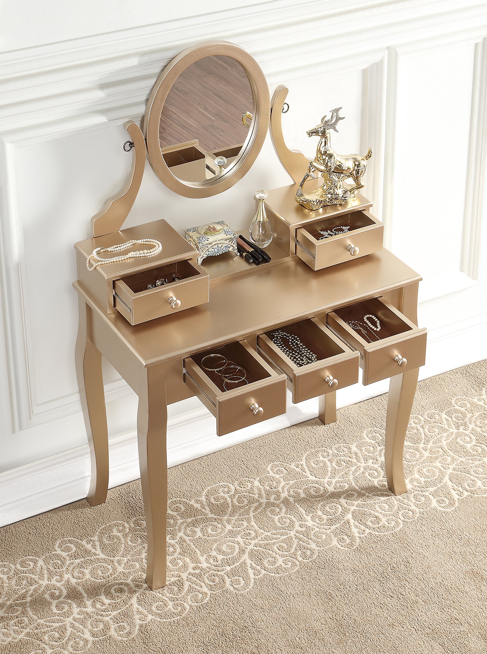 Roundhill Furniture Ashley Wood Make-Up Vanity Table and Stool Set, Cherry