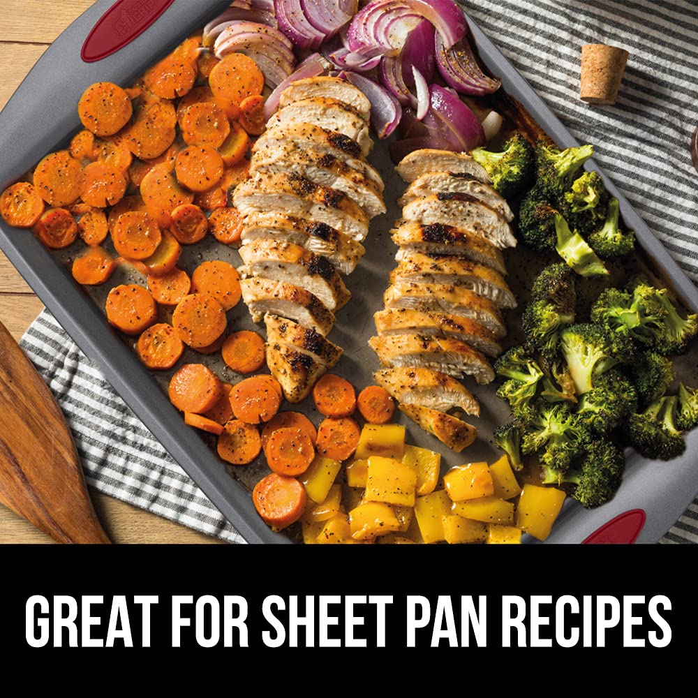 Gorilla Grip Cookie Sheets For Baking, 17.3x11.75 Inch, Set of 2, Large Non Stick Pans, Stays Flat in Oven, Perfect for Sheet Pan Meals, Easy Clean Up, Cooking Tray With Silicone Handles, Red