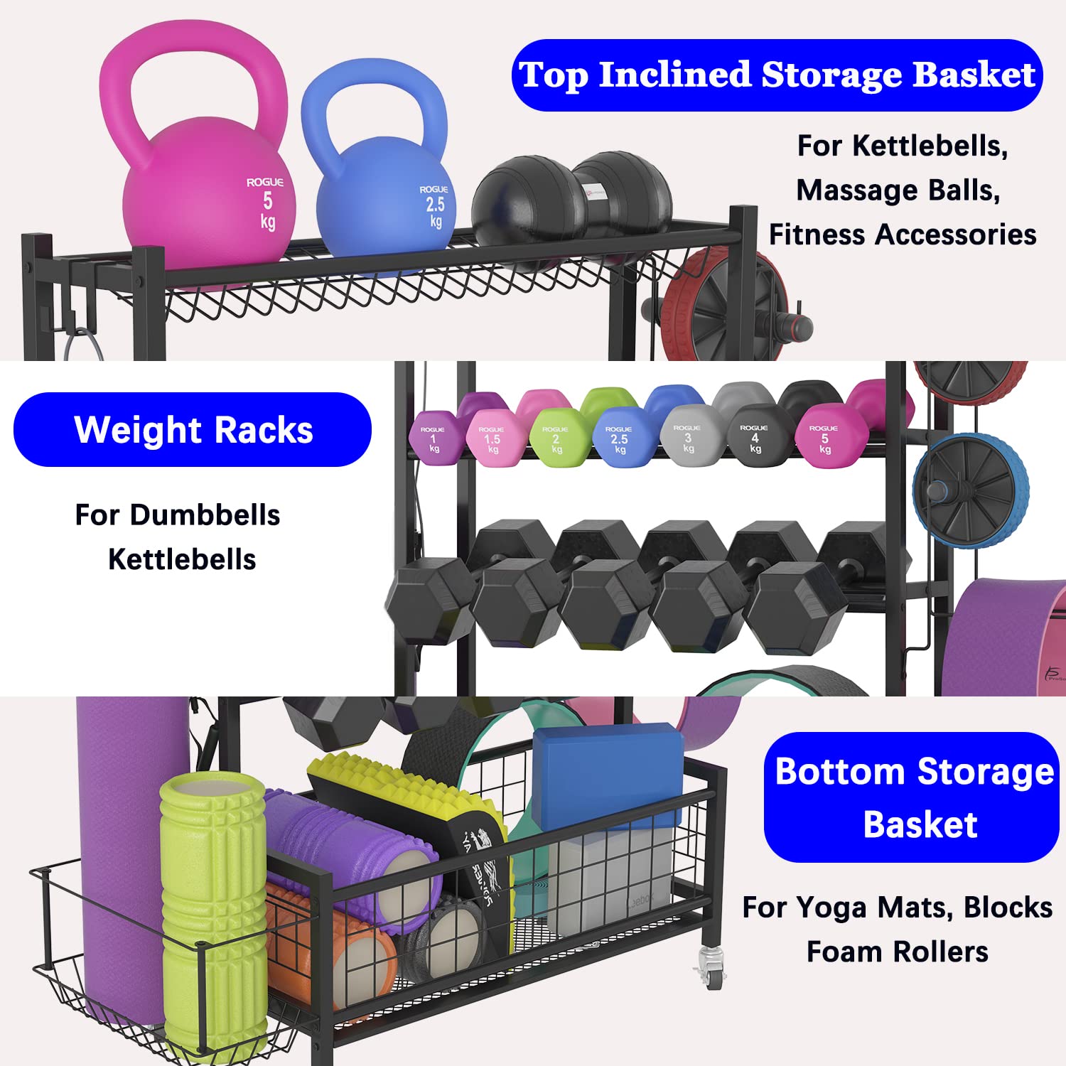Dumbbell Rack Stand, Weight Storage Organizer, Home Gym Storage Rack for Dumbbells Foam Roller Kettlebells Yoga Mat Resistance Bands, Workout Equipment Storage with Wheels and Hooks
