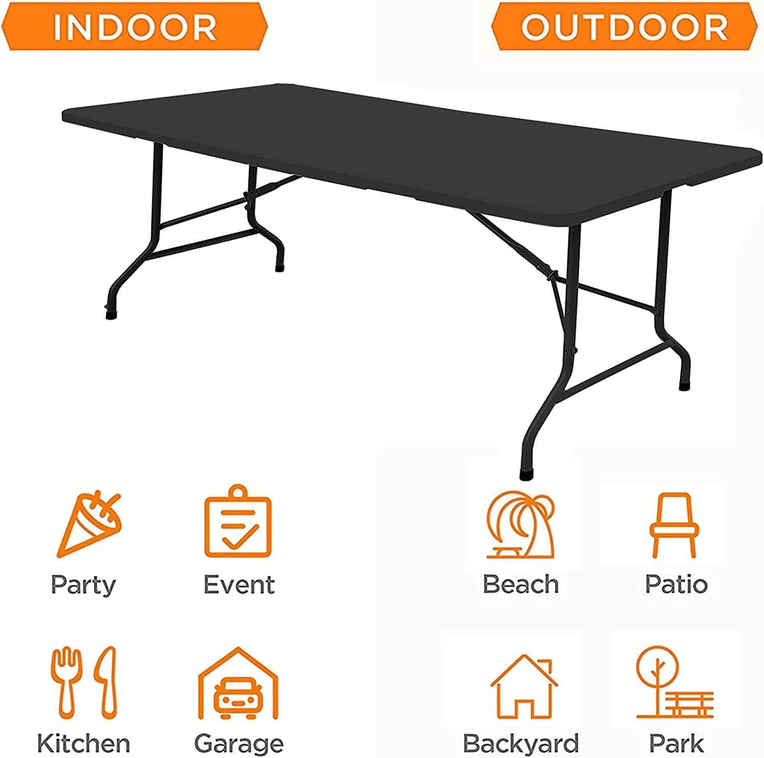 Edtian Folding 6ft Outdoor and Indoor Foldable Ideal for Camping and Picnic, Portable and Easy to Set Up, Perfect as a Card Craft Table, Black