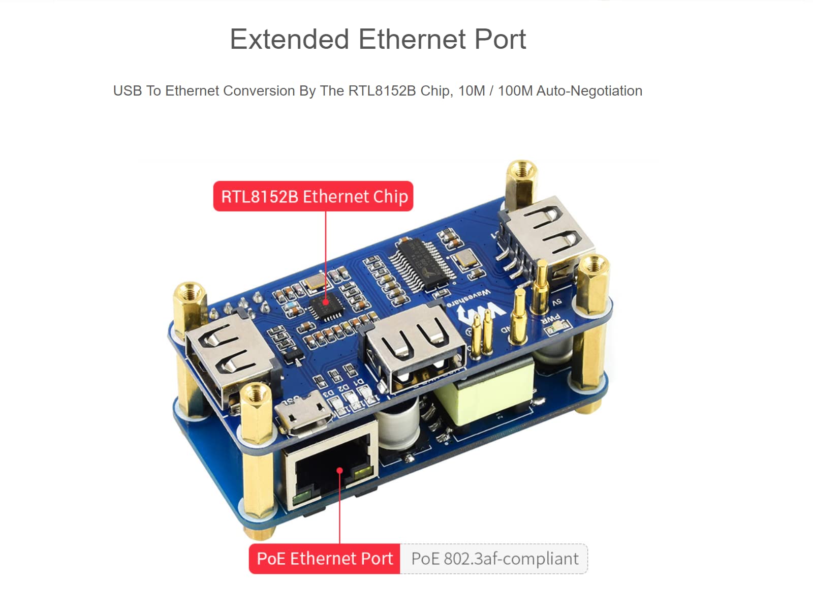 waveshare PoE Ethernet USB HUB HAT with Box ABX Case for Raspberry Pi Zero/Zero W/2 W/Zero WH/2 WH, with 1 RJ45 10/100M Ethernet Port, 3 USB Ports Compatible with USB2.0/1.1,802.3af-Compliant