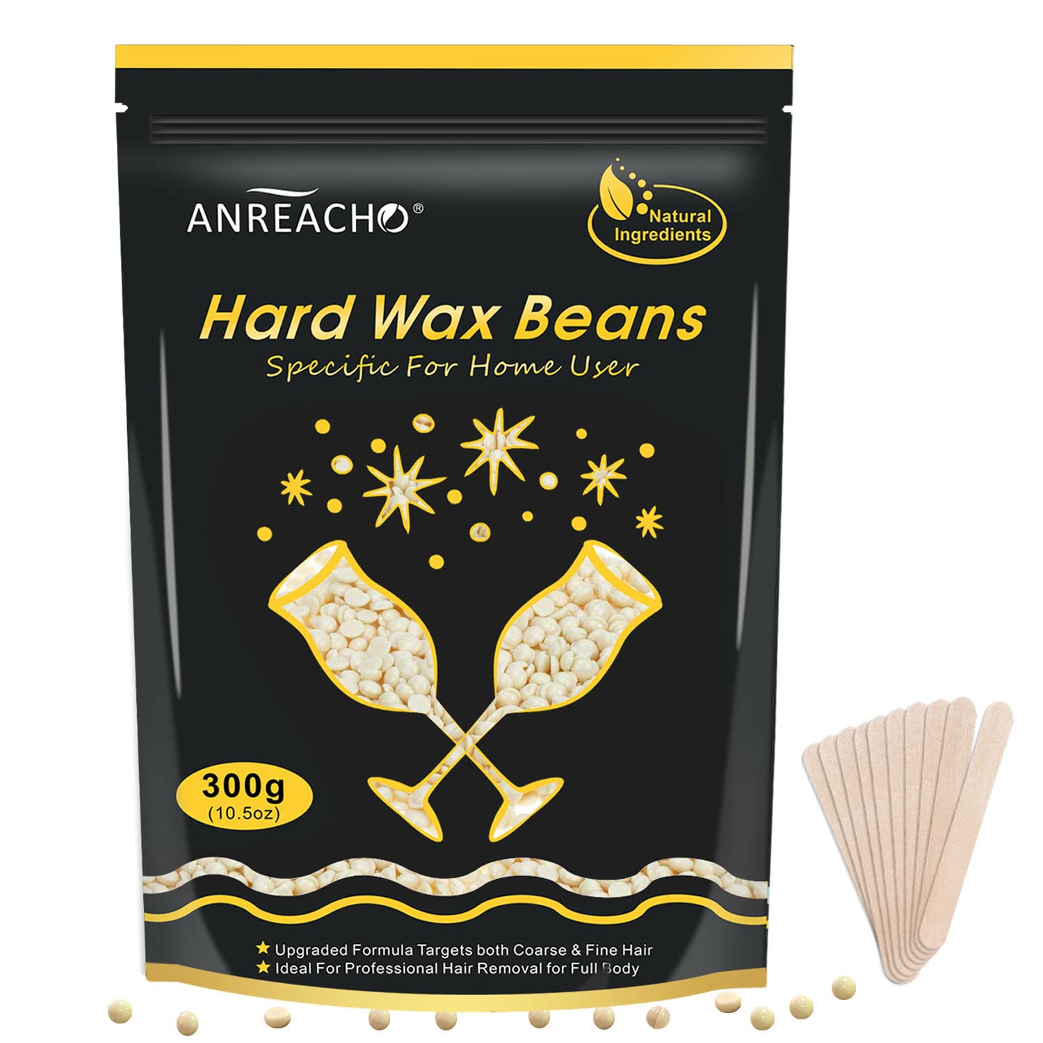 Wax Beads for Hair Removal, ANREACHO 10.5oz Waxing Beads At Home Hard Wax Beads Beans for hair removal Kit Brazilian Bikini Face Eyebrow Back Chest Legs waxing with 10pcs Spatulas