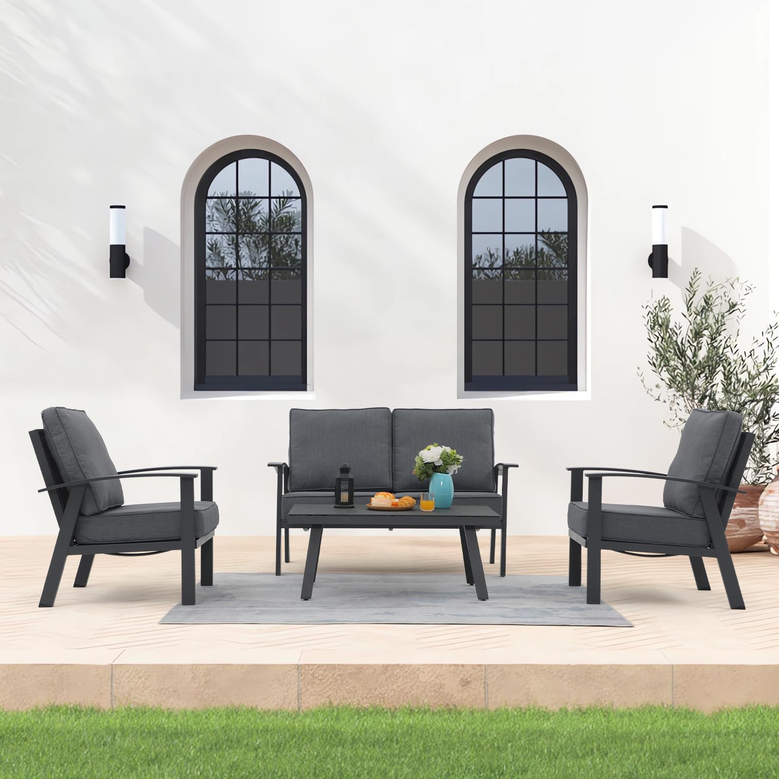 OC Orange-Casual Outdoor Aluminum Furniture Set - 4 Pieces Patio Sectional Chat Sofa Conversation Set with Coffee Table and Loveseat, Includes Thick Cushions,for Lawn Backyard, Grey