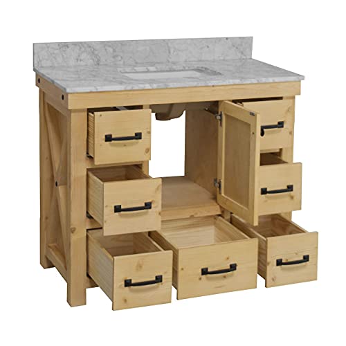 Tuscany 42-inch Bathroom Vanity (Carrara/Driftwood): Includes Driftwood Cabinet with Authentic Italian Carrara Marble Countertop and White Ceramic Sink