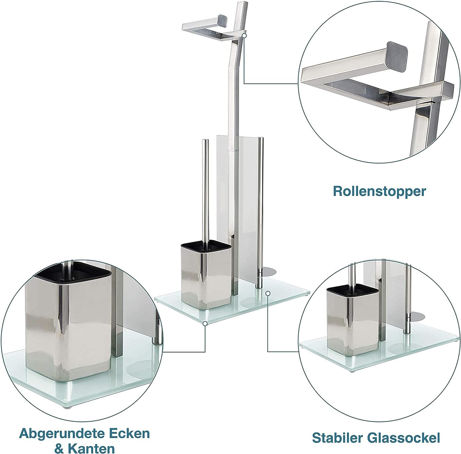 WC Set with roll Holder - Shiny Chrome - Toilet Paper Holder - Stainless Steel Chrome-Plated - Glass Base - Dim: 32x20x70cmβ Easy Installation β Plus: 1+2 Extra Toilet Brush Heads for Exchange!