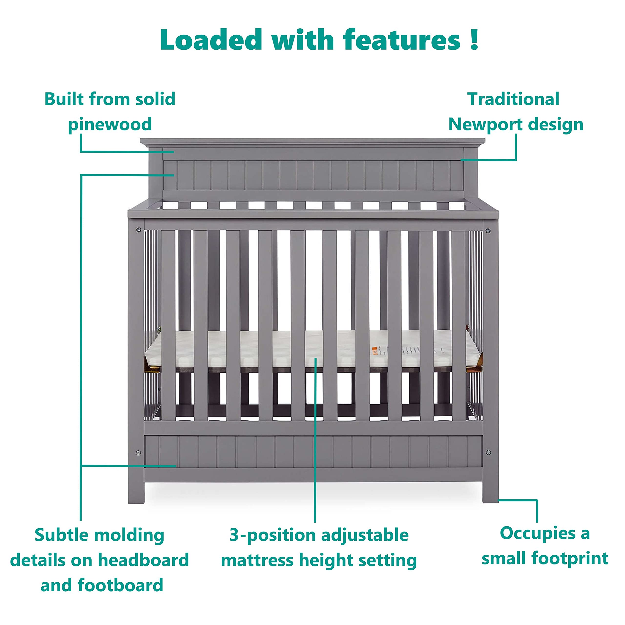 Dream On Me Harbor 4-in-1 Convertible Mini Crib in Storm Grey, Greenguard Gold Certified