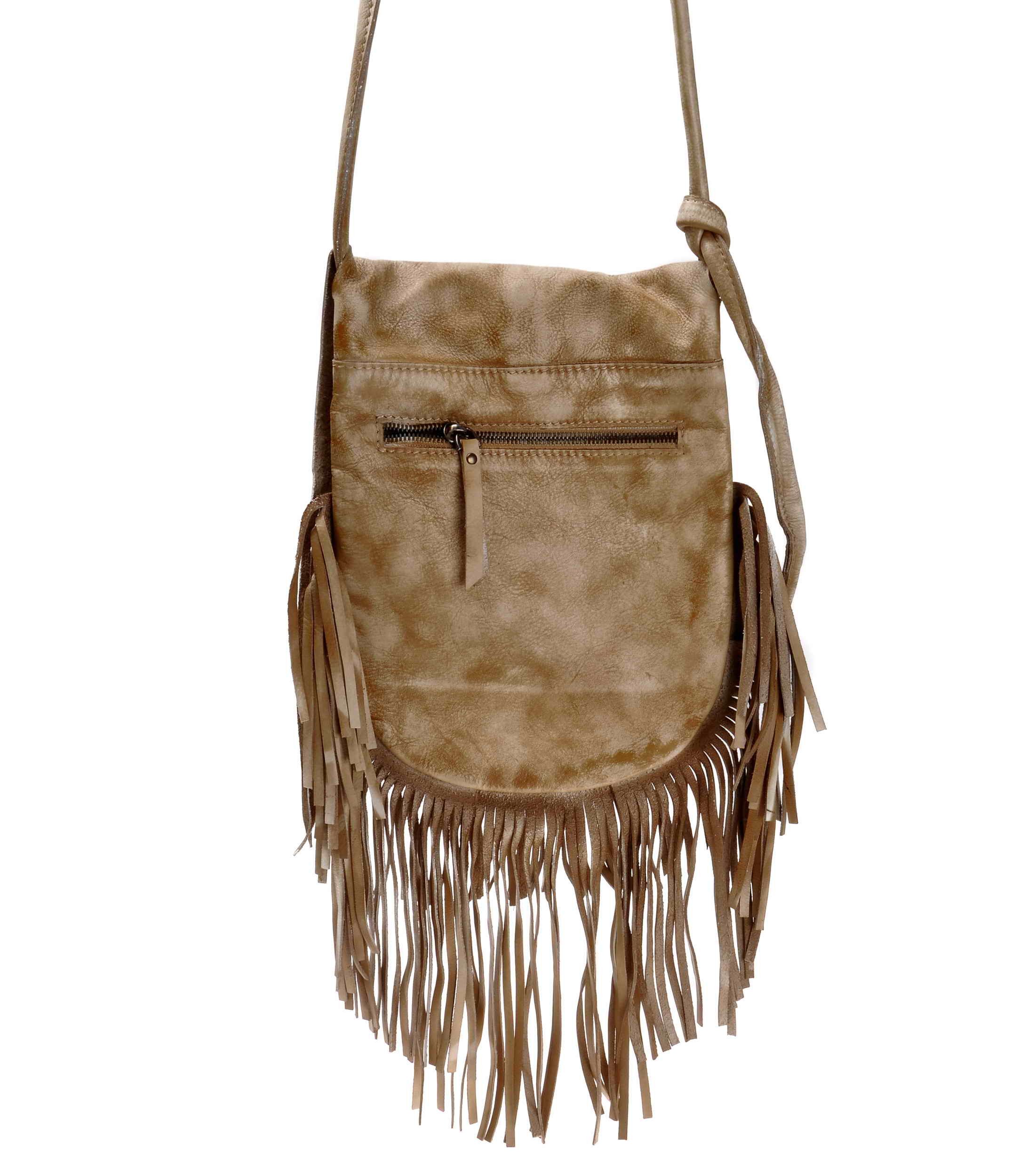 ZLYC Women Bohemian Dip Dye Leather Fringe Bag Pouch Tribal Tassel Cross Body Bag Purse, Khaki
