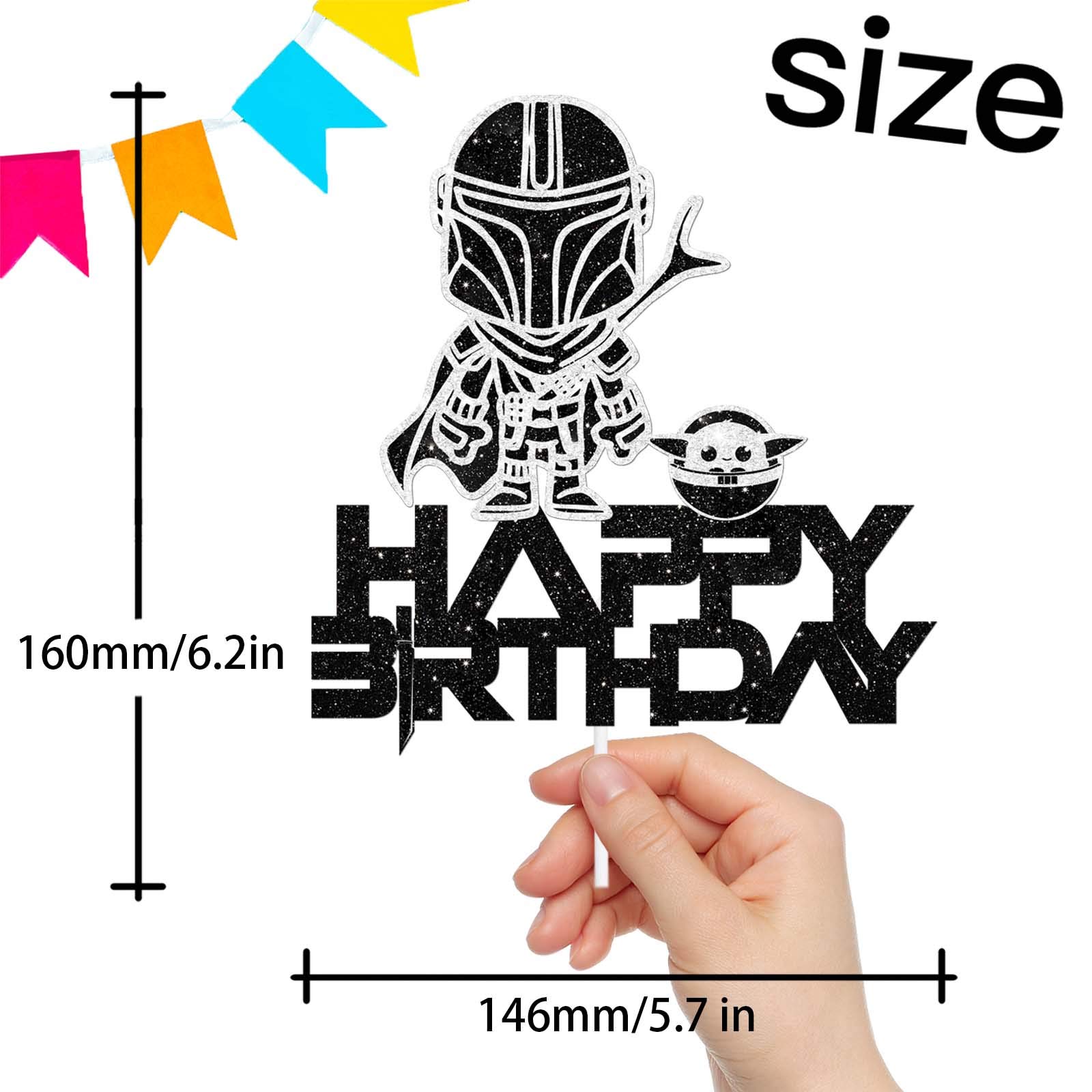 Space Cake Topper Happy Birthday Cartoon Cute Alien Theme Black Glitter Decor for Baby Shower Birthday Party Decorations Supplies