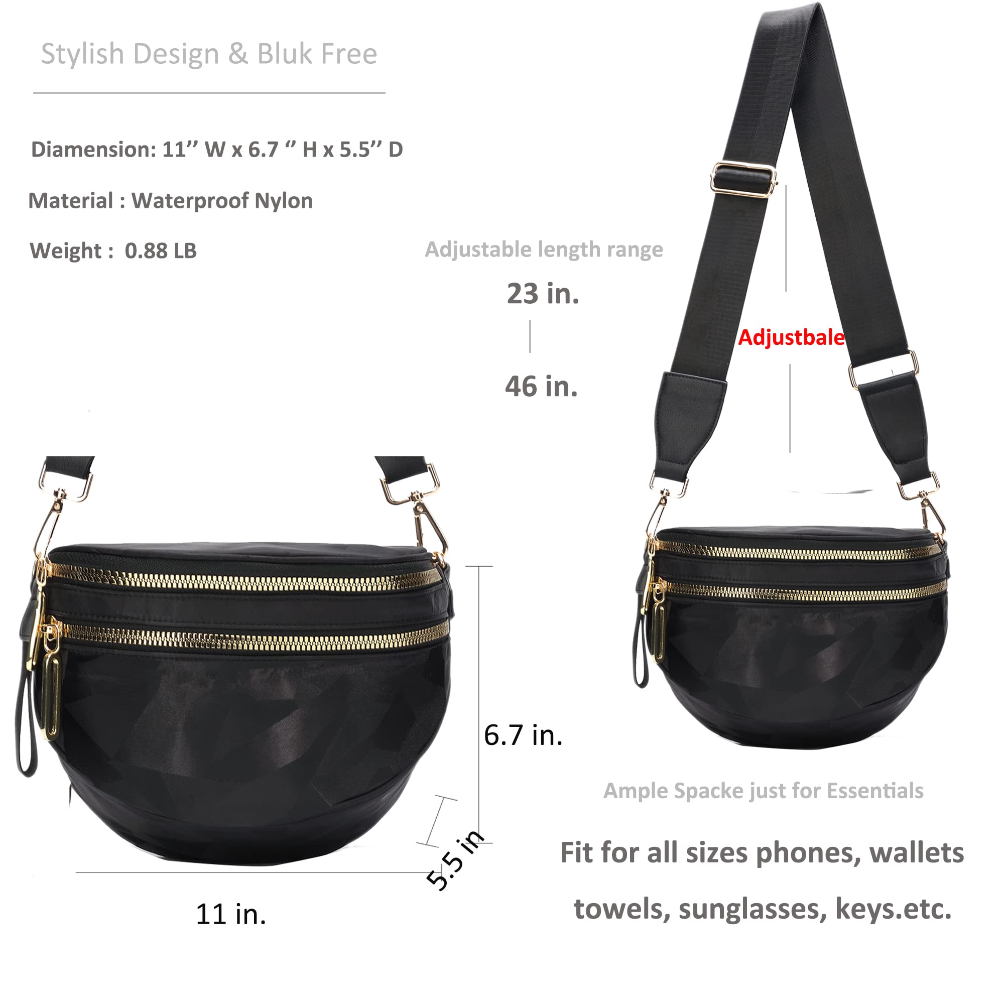 Crossbody Bags for Women Nylon Cross Body Travel Shoulder Handbags Lady Chest Purses Light Sling Backpack - Black
