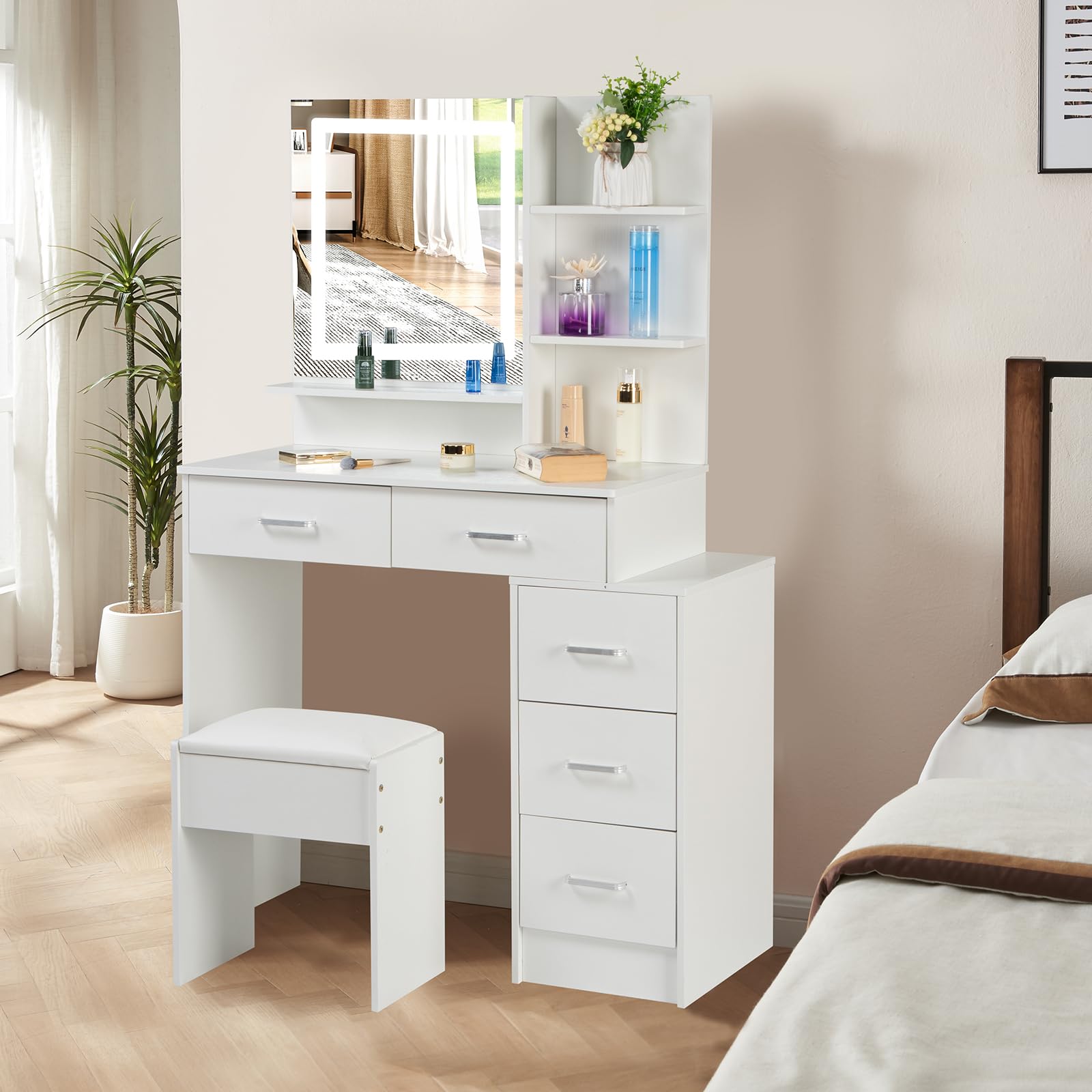 Dradaomull Makeup Vanity with LED Light in 3 Colors, Vanity Table with 4 Shelves and 5 Drawers, Dressing Table with Chair and Adjustable Brightness for Bedroom