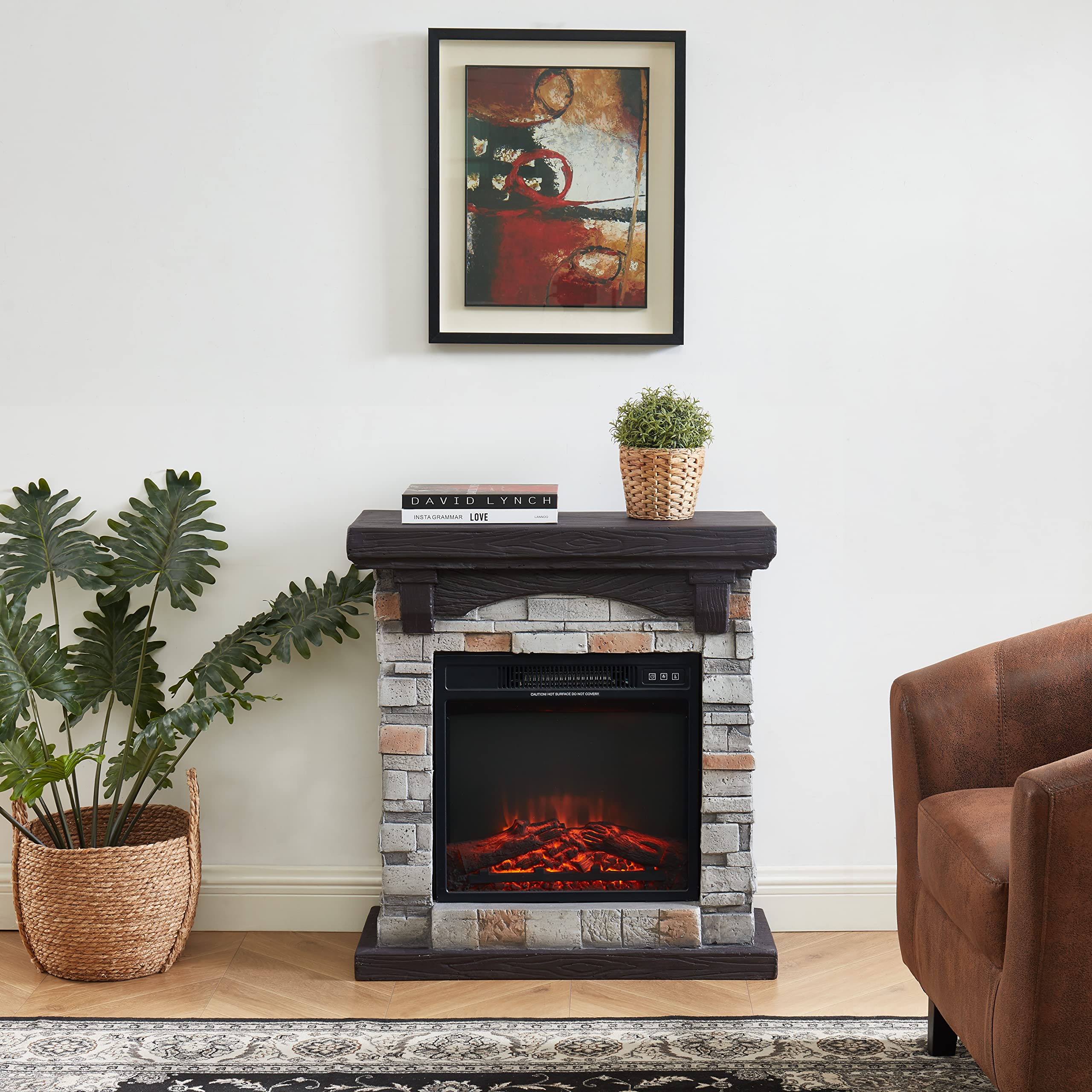 Edwin's Choice Electric Fireplace with Mantel, 28”W Faux-Stone Fireplace Mantel,Freestanding Fireplace, Realistic Flame Effect and 3D Log, Room Heater 28”Wx11”Dx31”H Gray