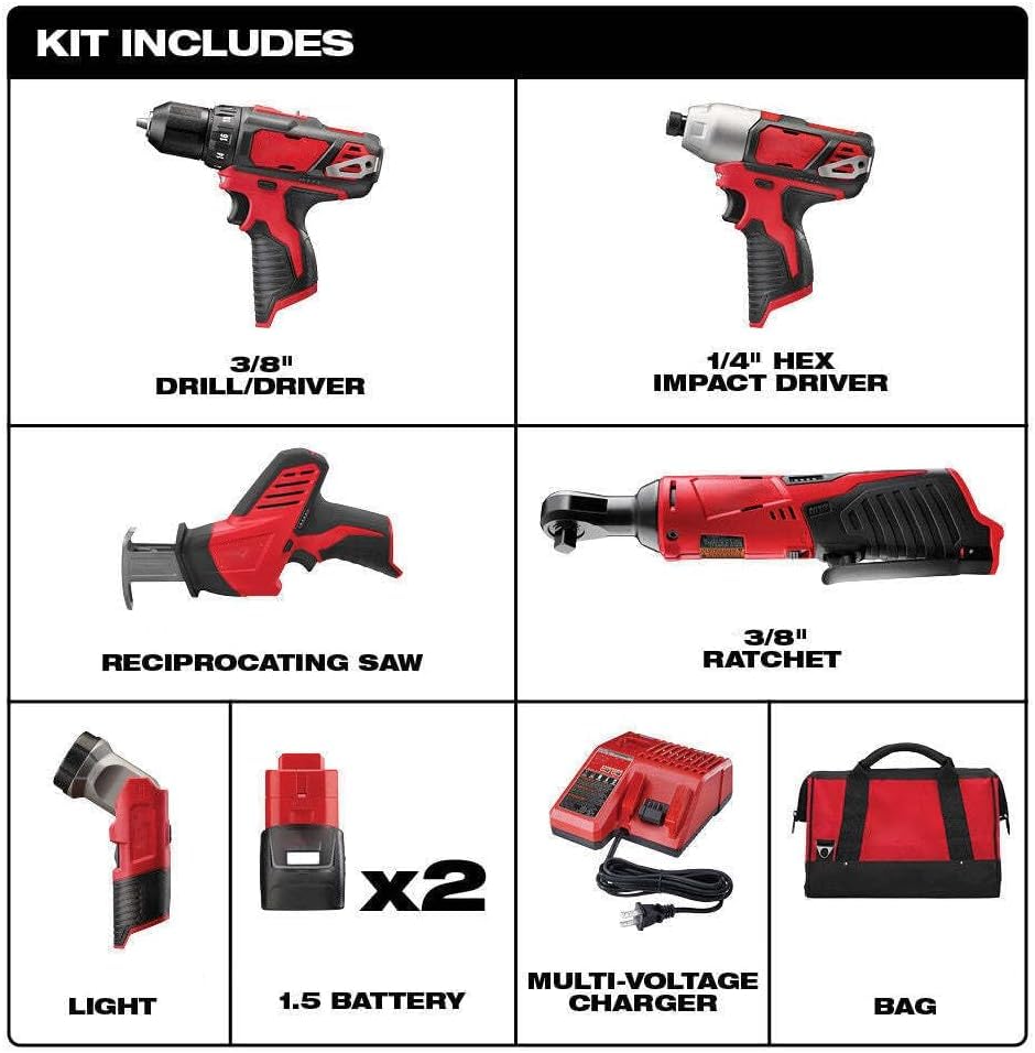 Power Tool Combo Kits,For Milwaukee Tools Combo Kit Milwaukee 2498-25 M12 12v Cordless Lithium-Ion Compact 5 Tool Combo Kit,Drill Driver,Impact Driver,Ratchet,Hackzall, Led Work Light