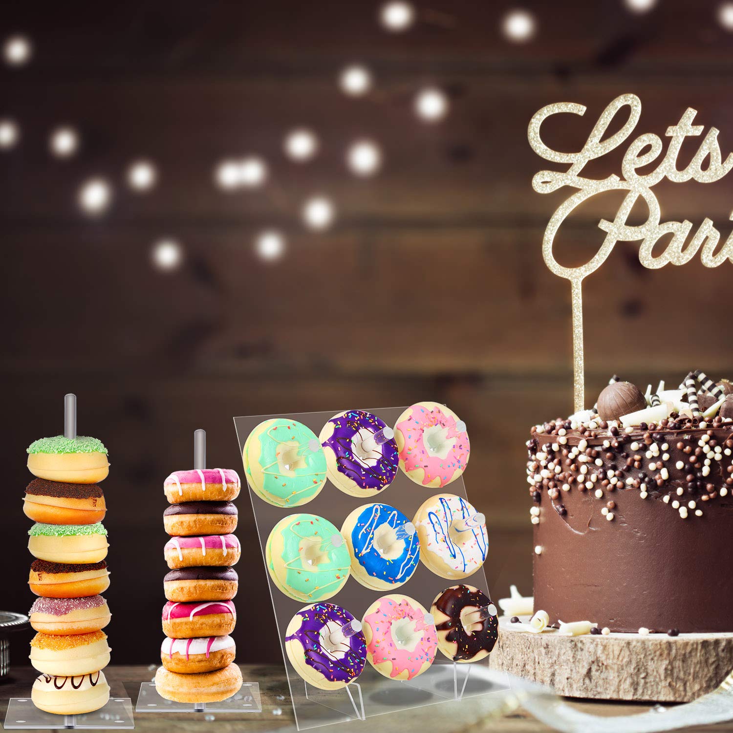 Frienda 1 Pack Acrylic Donut Display Wall Stand, Holds up to 18 Donuts and 2 Pieces Acrylic Donut Stands Clear Bagels Holder Square Stand Holder for Dessert Table Wedding Birthday Party