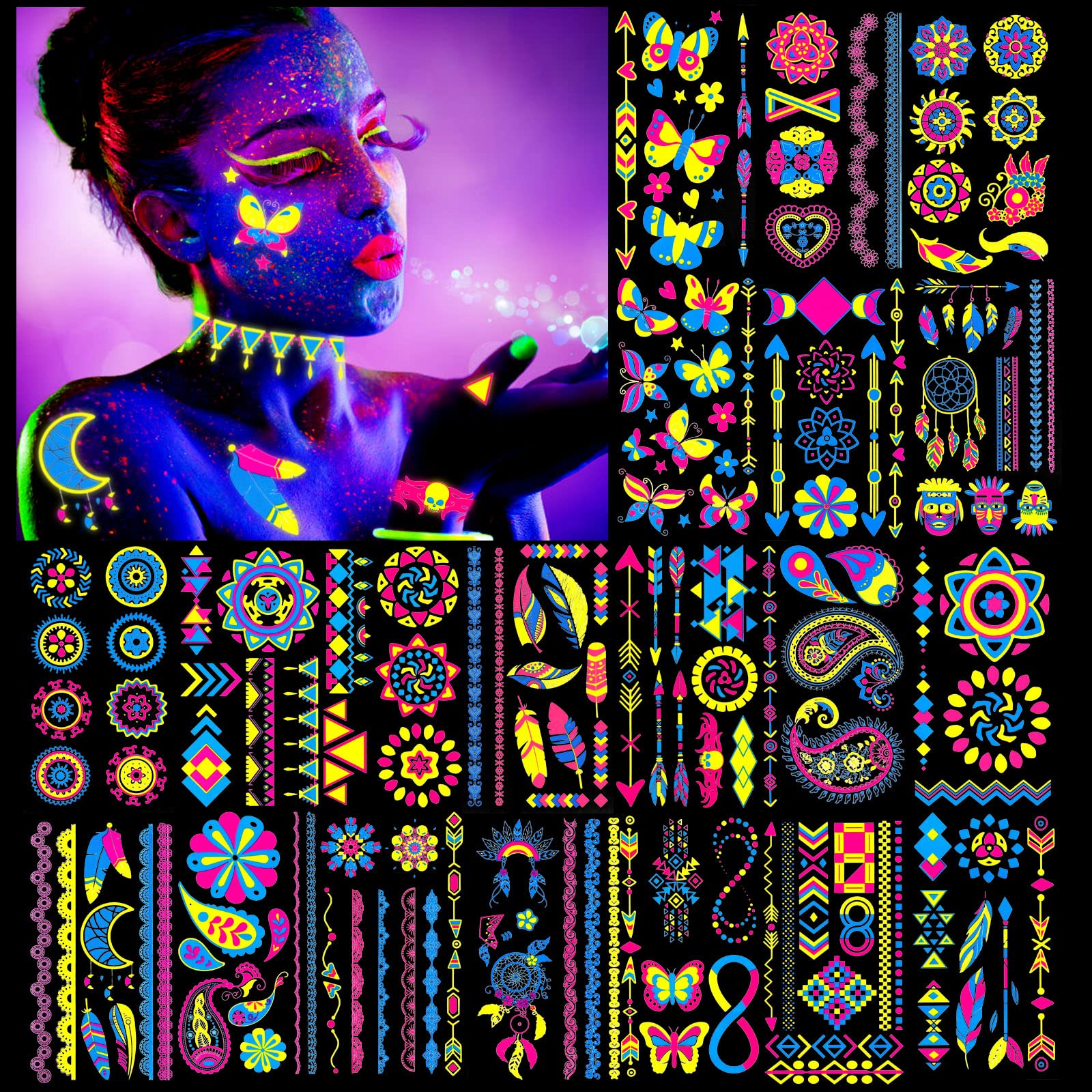 HOWAF 20 Sheets Glow In Dark Neon Temporary Tattoo, Luminous Fluorescent Tattoos Stickers for Party Festival Decoration Supplies, UV Waterproof Fake Tattoo Body Art for Women Accessories Favors