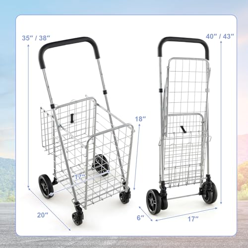 Goplus Folding Shopping Utility Cart, Double Basket and 360° Swivel Wheels, Adjustable Handle, Small Cart Perfect for Grocery Laundry Book Luggage Travel