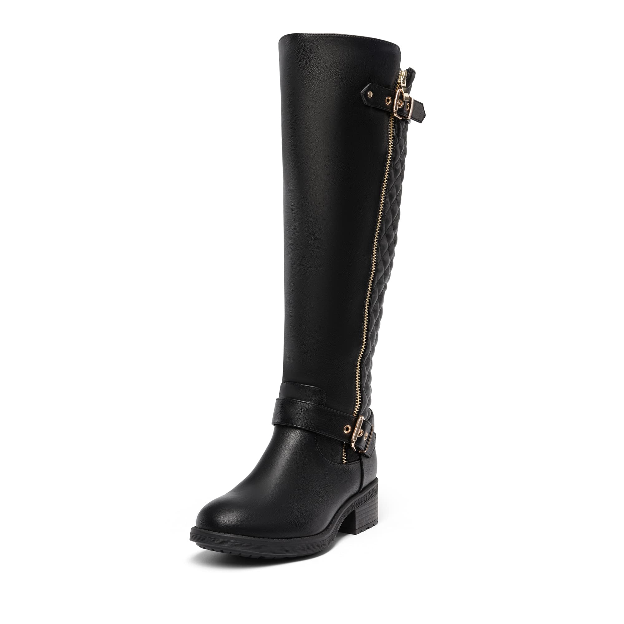 DREAM PAIRS Women's Knee-High Boots Comfortable Chunky Block Heel Round Toe Side Zipper Riding Fashion Buckles Biker Motorcycle Boots,Size 10,BLACK,UTAH