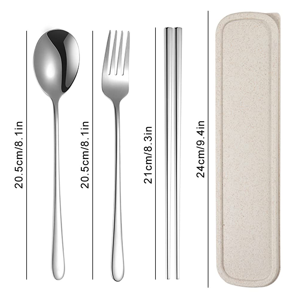 Xihuimay 3pcs Stainless Steel Chopsticks Fork Spoon Set with Travel Case Non-Slip Tabeware Pack Metal Portable Flatware Set Utensils Chinese Japanese Korean for Cooking Eating Dishwasher Safe, White