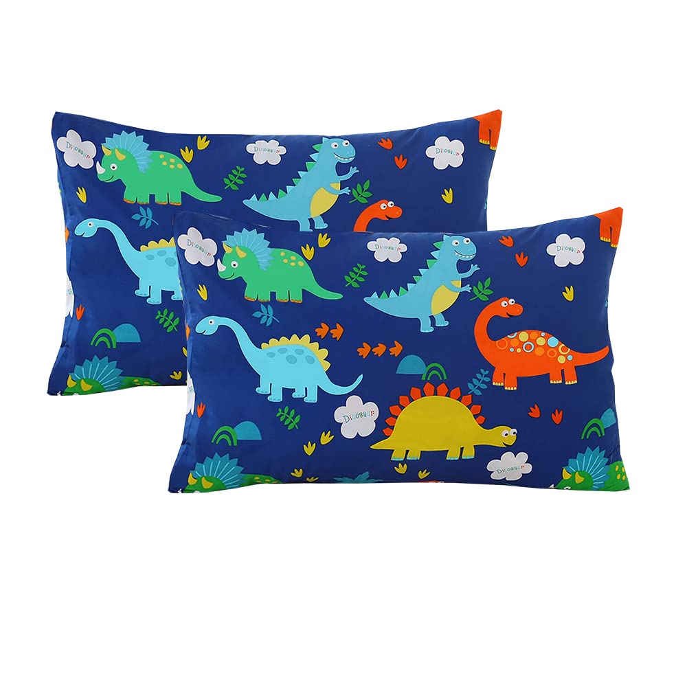 Wellboo Dinosaur Pillow Cases Queen Kids Toddler Green Pillow Shams 20x26 inches Boys Girls Forest Jurassic Pillow Protectors Cute Cartoon Animals Green Pillowcases Set of 2 with Envelope Closure