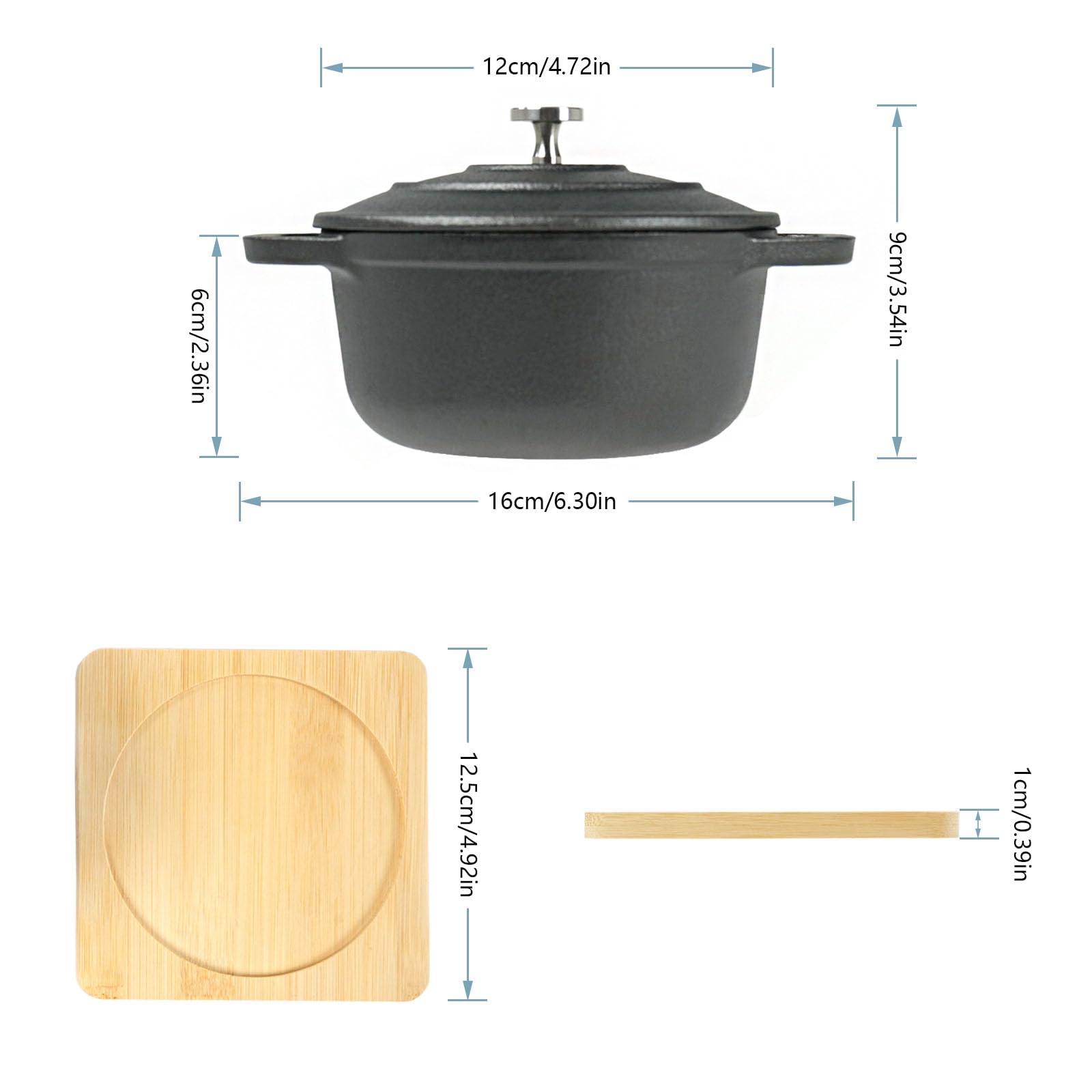 Pre-seasoned Cast Iron Mini Round Cocotte Set, 0.5QT Mini Dutch Ovens with Lids and Bamboo Trays, Dia.4.8 inch, Set of 2, Black