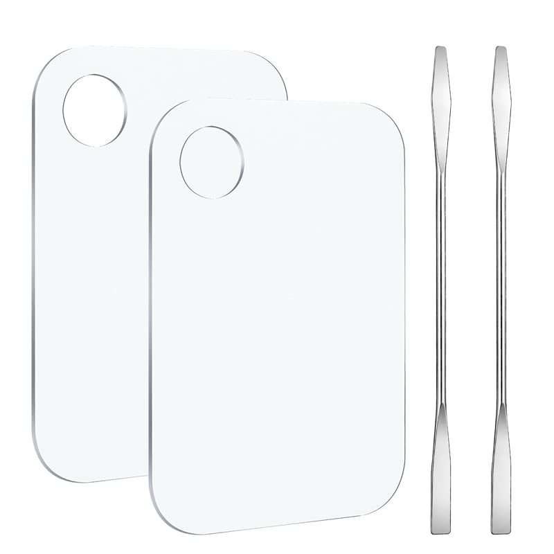 FRIUSATE 2PCS Acrylic Cosmetic Makeup Palette with 2PCS Make Up Spatula Tool Makeup Palette Mixing Tray for Nail Art Liquid Foundation Mixing Palette