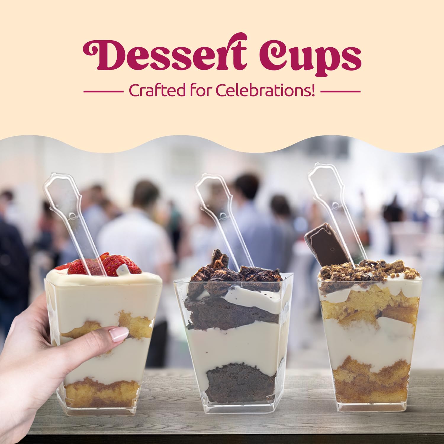 Sammray 5 oz Dessert Cups with Lids and Spoons (100 Pack) β Plastic Parfait Cups for Appetizer and Desserts be it, Mousse, Tiramisu, Pudding, or salads - Perfect for Parties