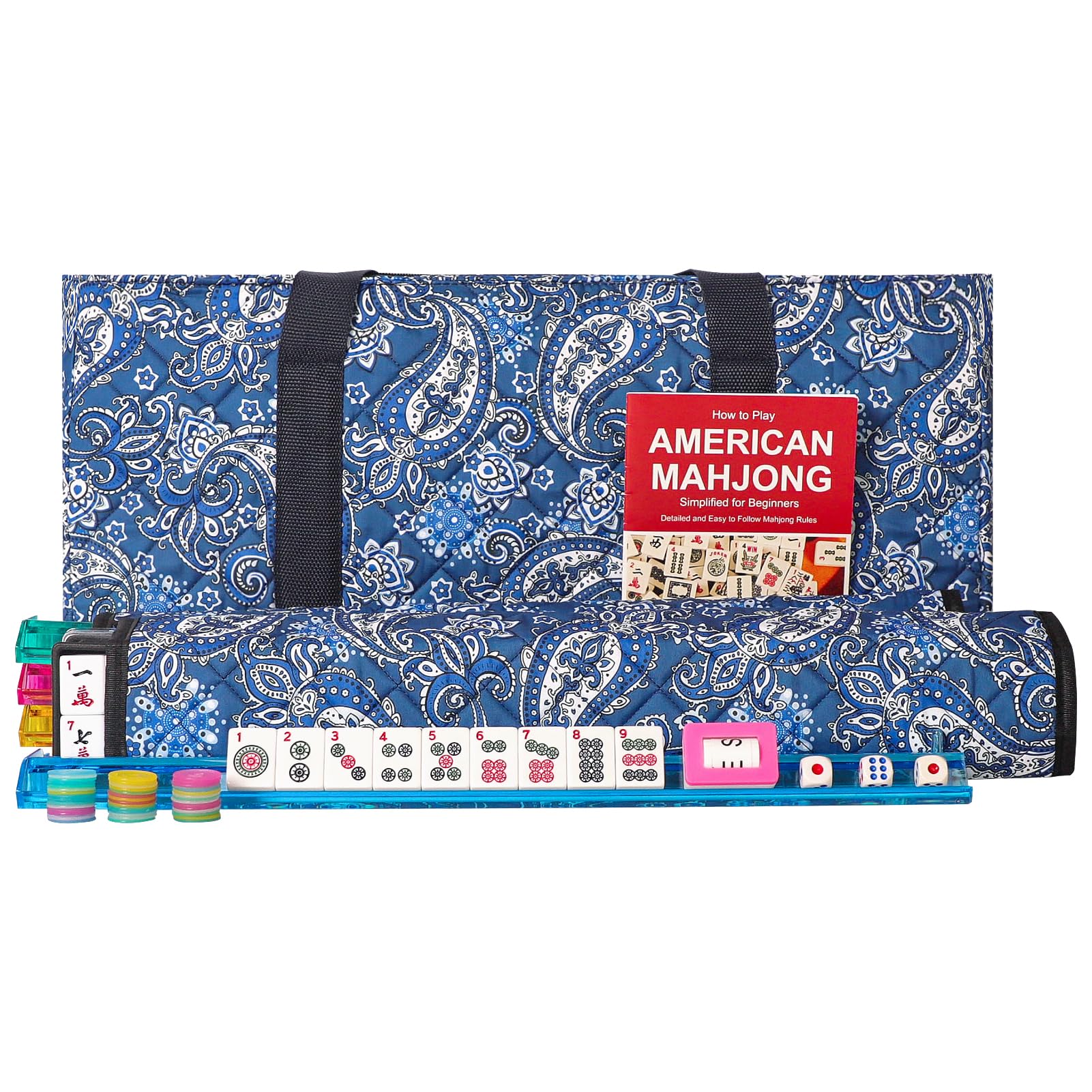 GUSTARIA American Mahjong Game Set, 166 Premium White Tiles, 4 All-in-One Color Rack/Pushers, Complete Mahongg Tile Set Blue Printed Carrying Bag