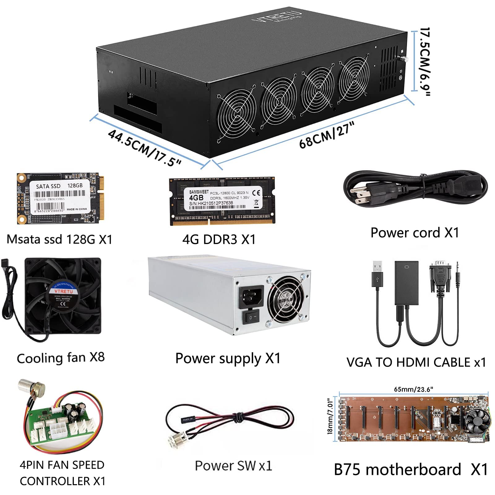 VTRETU Ethereum GPU Mining Rig with 8 GPU Mining Motherboard and 2000W Power Supply(110-264V) 8 Cooling Fans for Crypto Mining Rig Complete ETH Miner (Excluding GPU), black (V01)