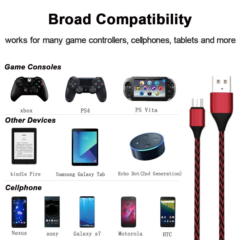 TPLTECH PS4 Controller Charging Cable, ［2PACK-15Ft］Micro USB 2.0 Nylon Braided Fast Charger & Cord, High Speed Data Sync Charge Cable for PlayStation 4, Xbox One S/X Controller, Android Phone, Silver
