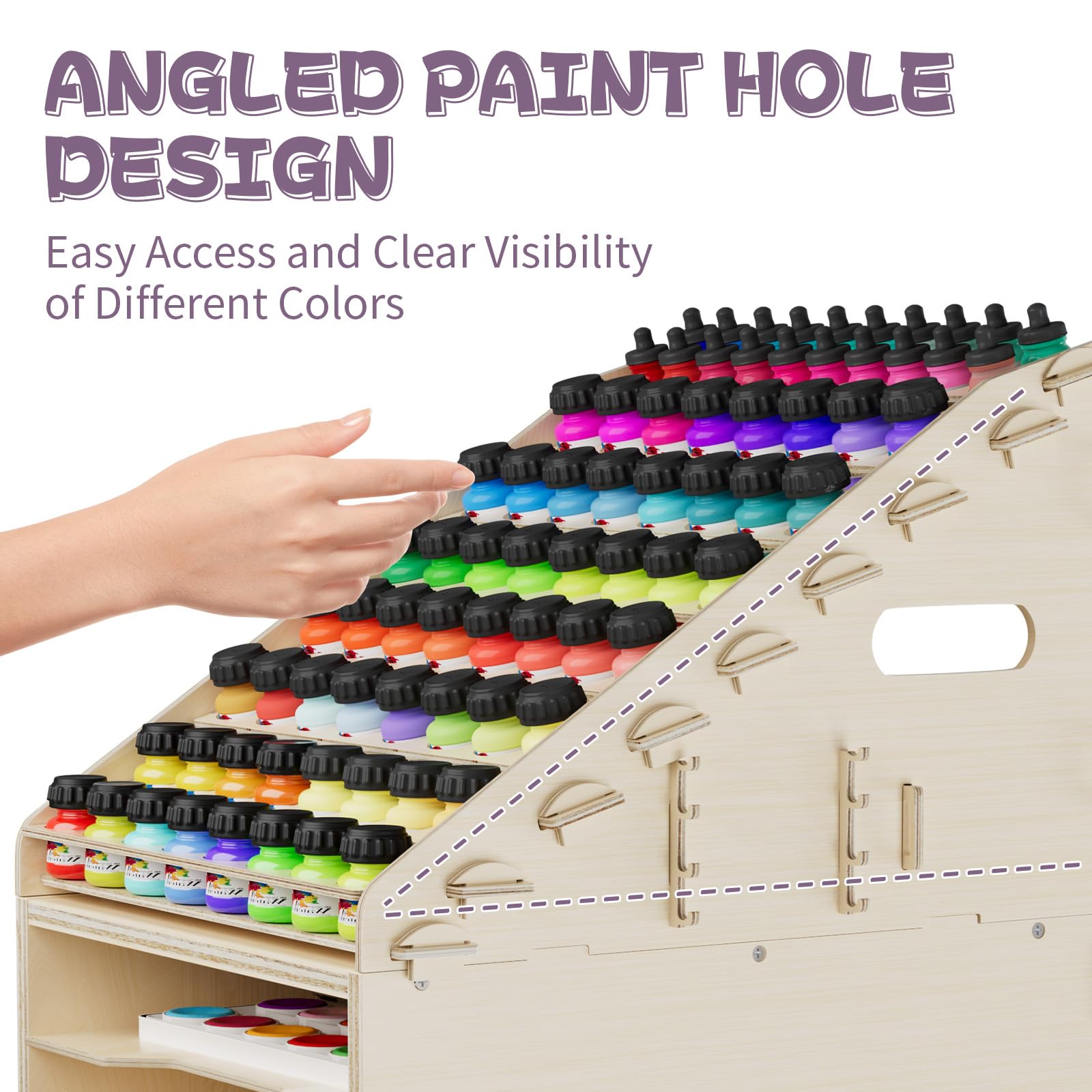 jxgzyy Wooden Paint Organizer Paint Rack with 2 Tier Open Shelves Paint Holder for 76 Paint Bottles 8 Paint Brush Craft Organizer and Storage for Art Tools Ink Bottles Miniature Paint
