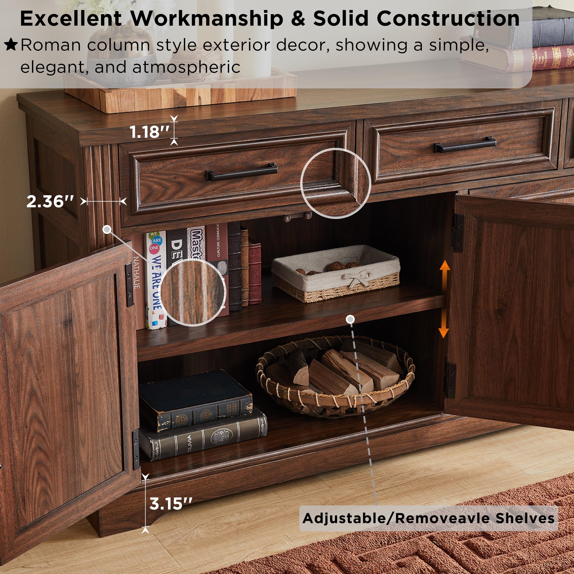 JXQTLINGMU 66" Large Buffet Sideboard Cabinet with 4 Doors and 3 Drawers, Buffet Table Coffee Bar Wine Bar Storage Cabinet for Dining Room, Living Room, Black