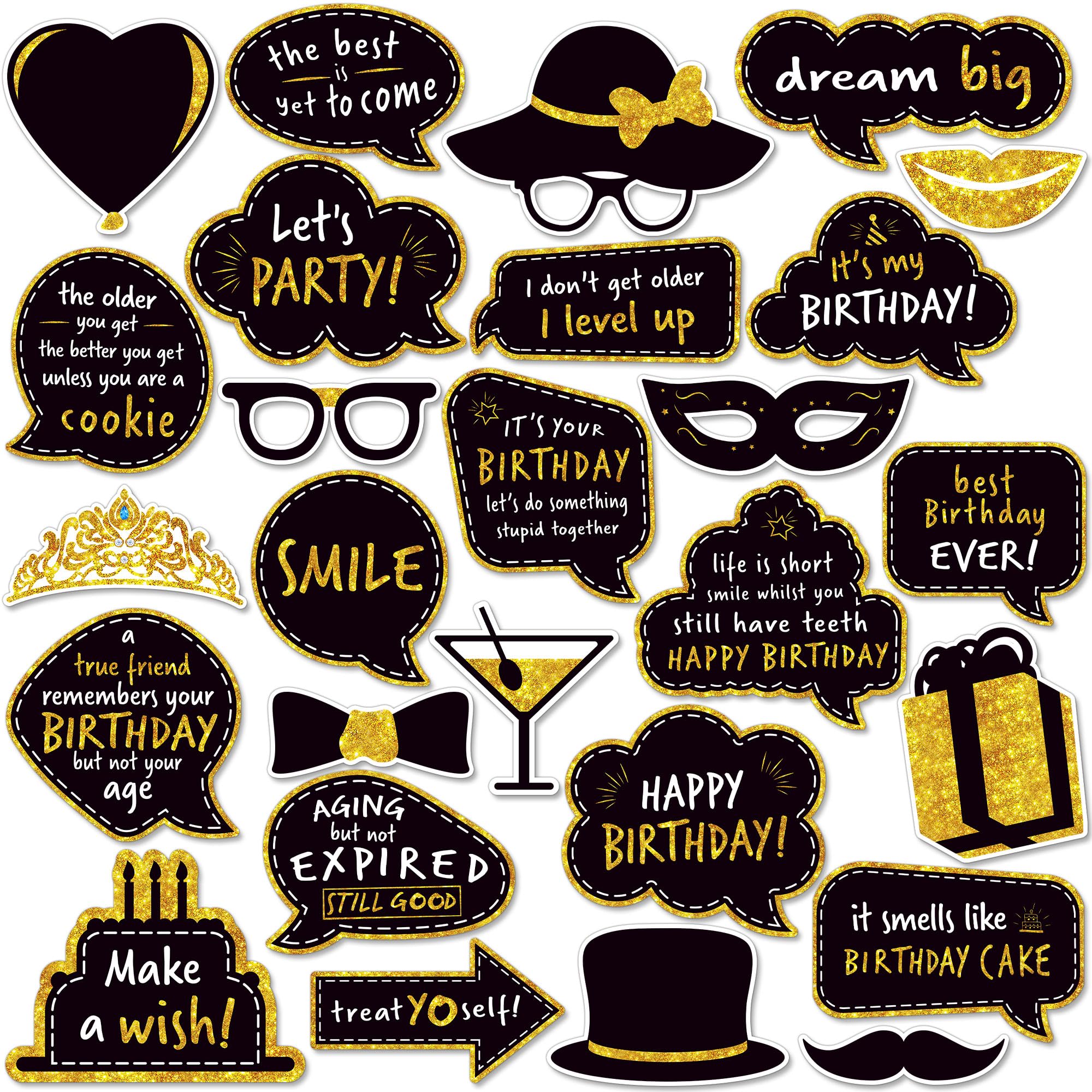 Premium Birthday Photo Booth Props Kit - 27 Pieces Black & Gold Party Decorations - Durable & Easy-to-Use Photobooth Props Signs for Memorable Photos - Party Supply Decorations - by PixiPy