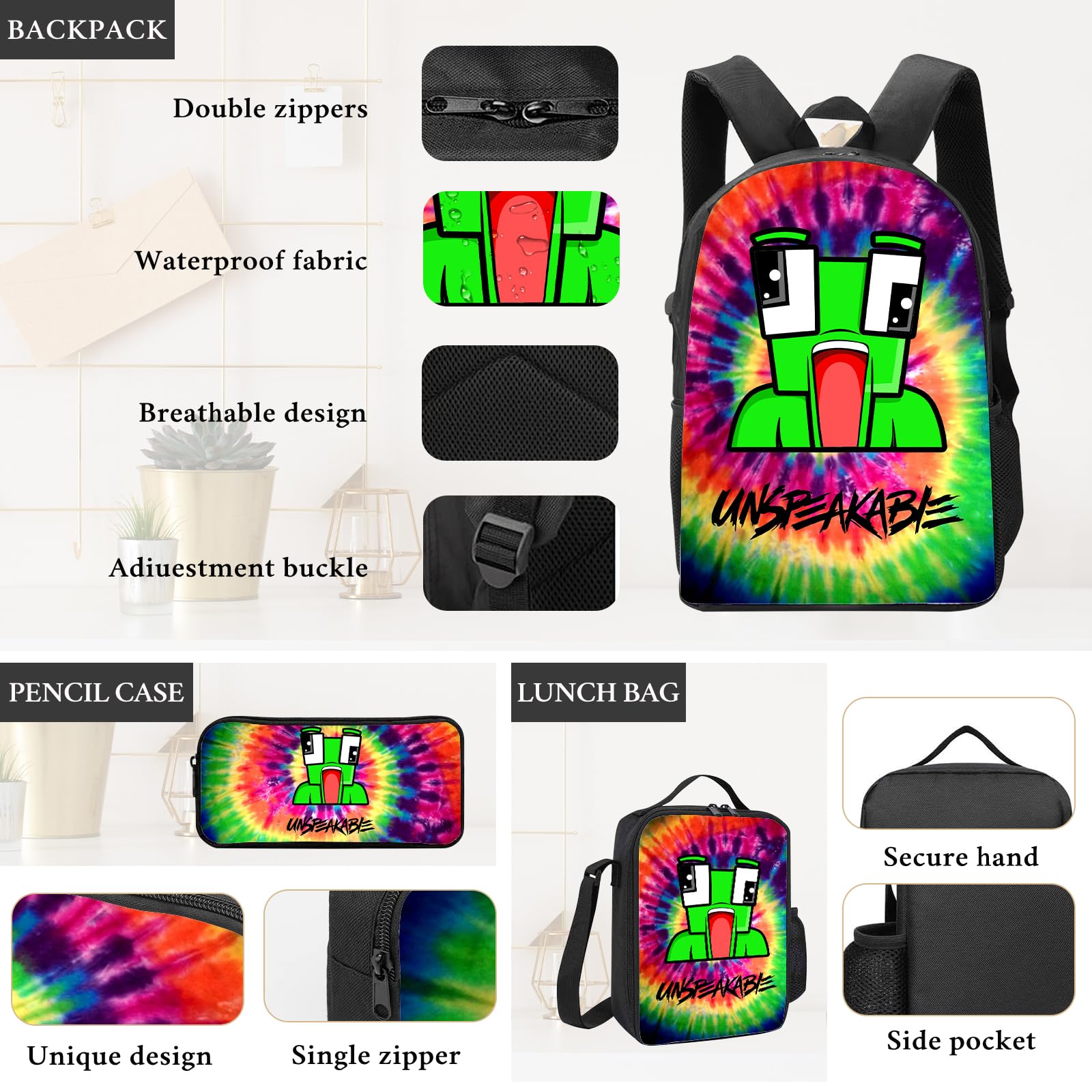 Fnixhva 3PCS Kids Large-capacity Adjustable Shoulder Strap Backpack,Boys School Bag,Game Fans Gift,Durable Laptop Bag,3D Printed Lunch Bag Stationery Bag Casual Office Style1