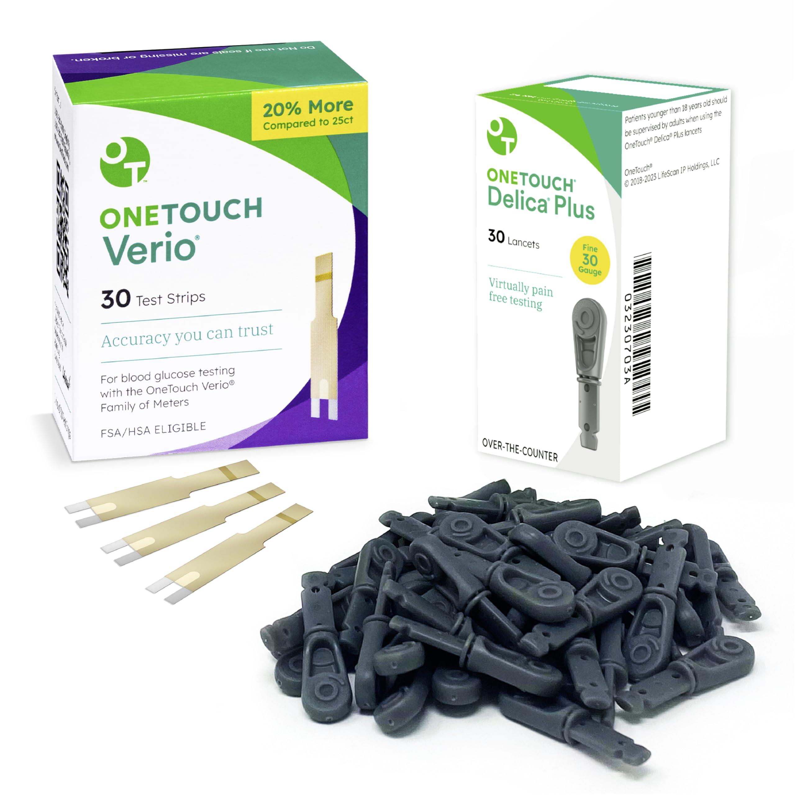 OneTouch Delica Plus Lancets and OneTouch Verio Test Strips Bundle | Includes 30 Test Strips & 30 Lancets | Fine 30-Gauge Lancets for Diabetes Testing | Diabetic Supplies for Blood Sugar Monitor