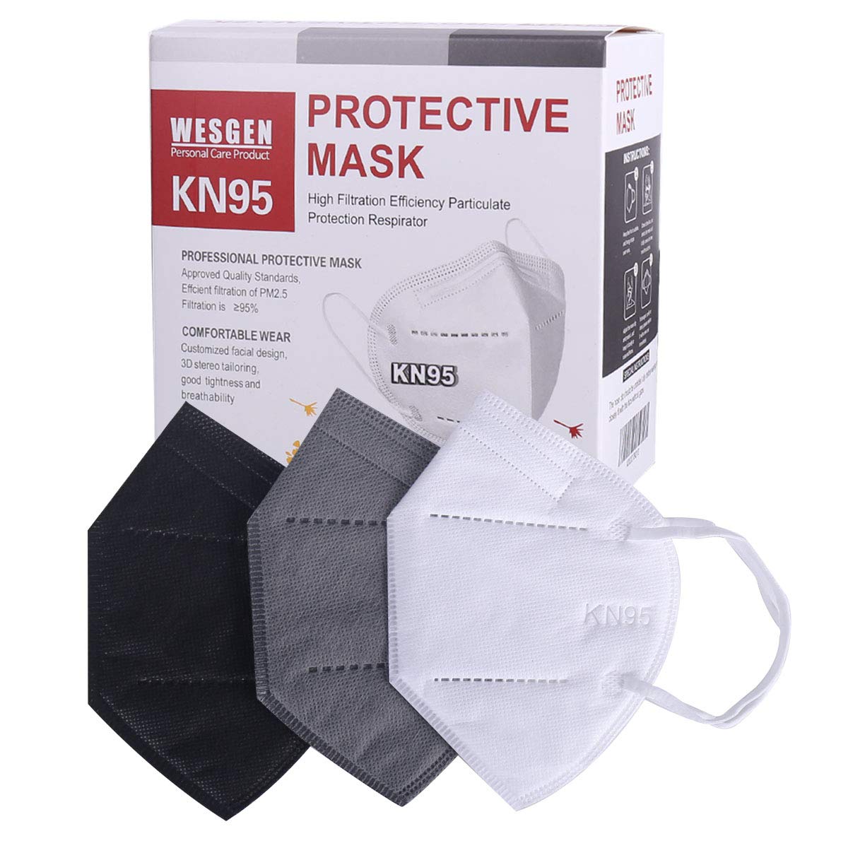 WesGen 60Pcs KN95 Face Mask,5 Layers Cup Dust Mask with Elastic Earloop and Nose Bridge Clip,Vacuum Packing