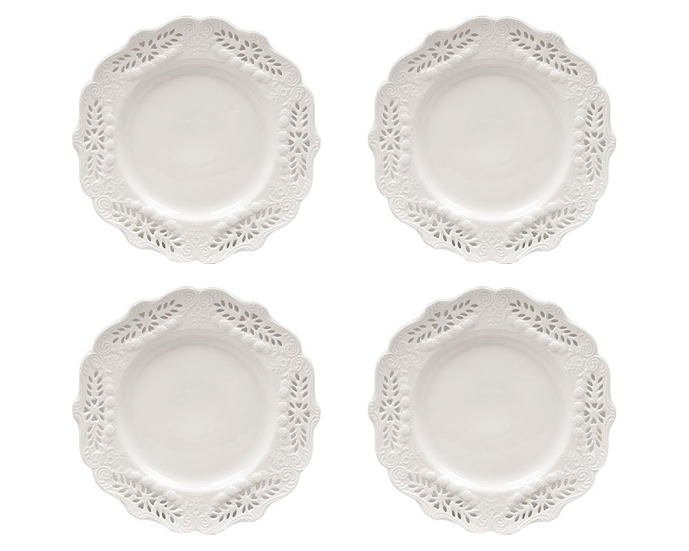 Gracie China, Victorian Rose Collection, 8-Inch Dessert Plate, White Fine Porcelain, Set of 4