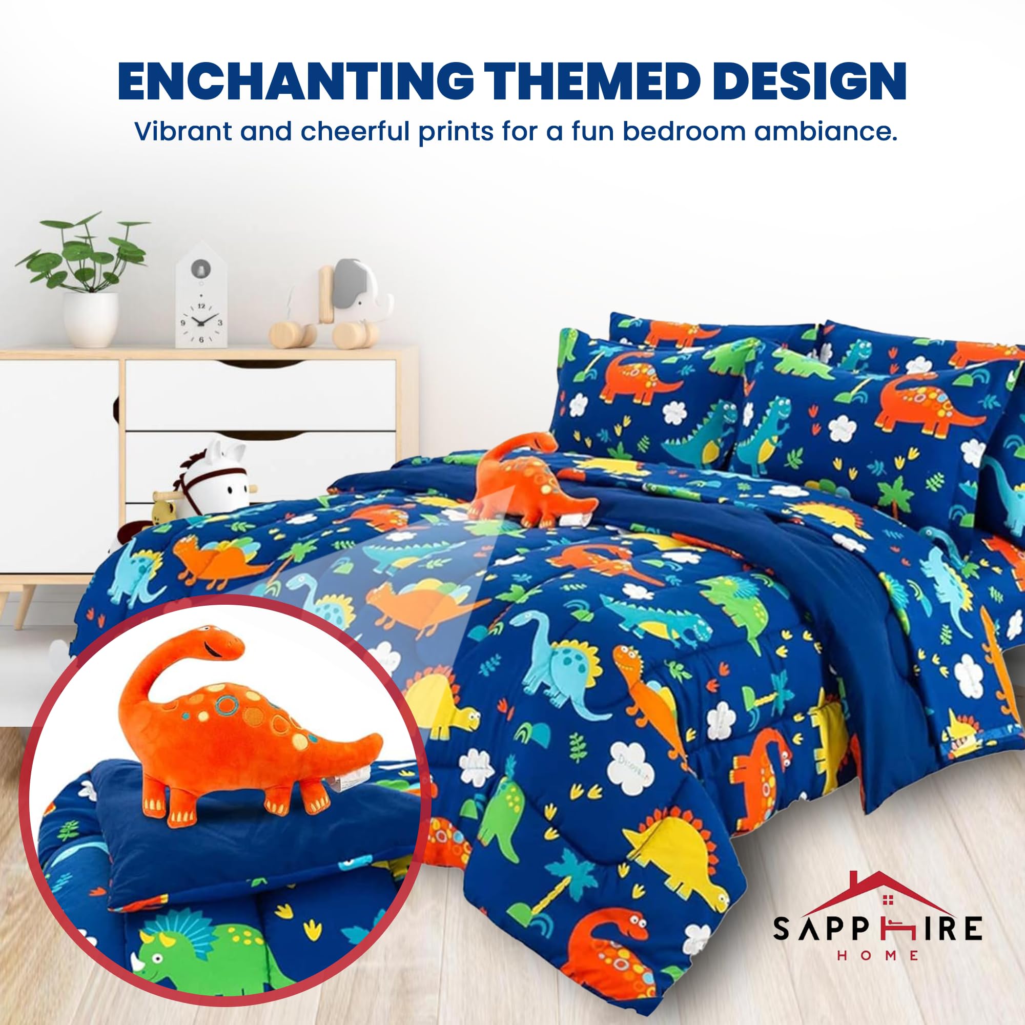 Sapphire Home 6 Piece Dinosaur Twin Bedding Set for Boys, Bed in a Bag, Kids Comforter Set with Bed Sheets, Pillow Case, Toy Pillow, Toddler Bedroom Kit, Dinosaur Room Decor for Boys, Twin Size